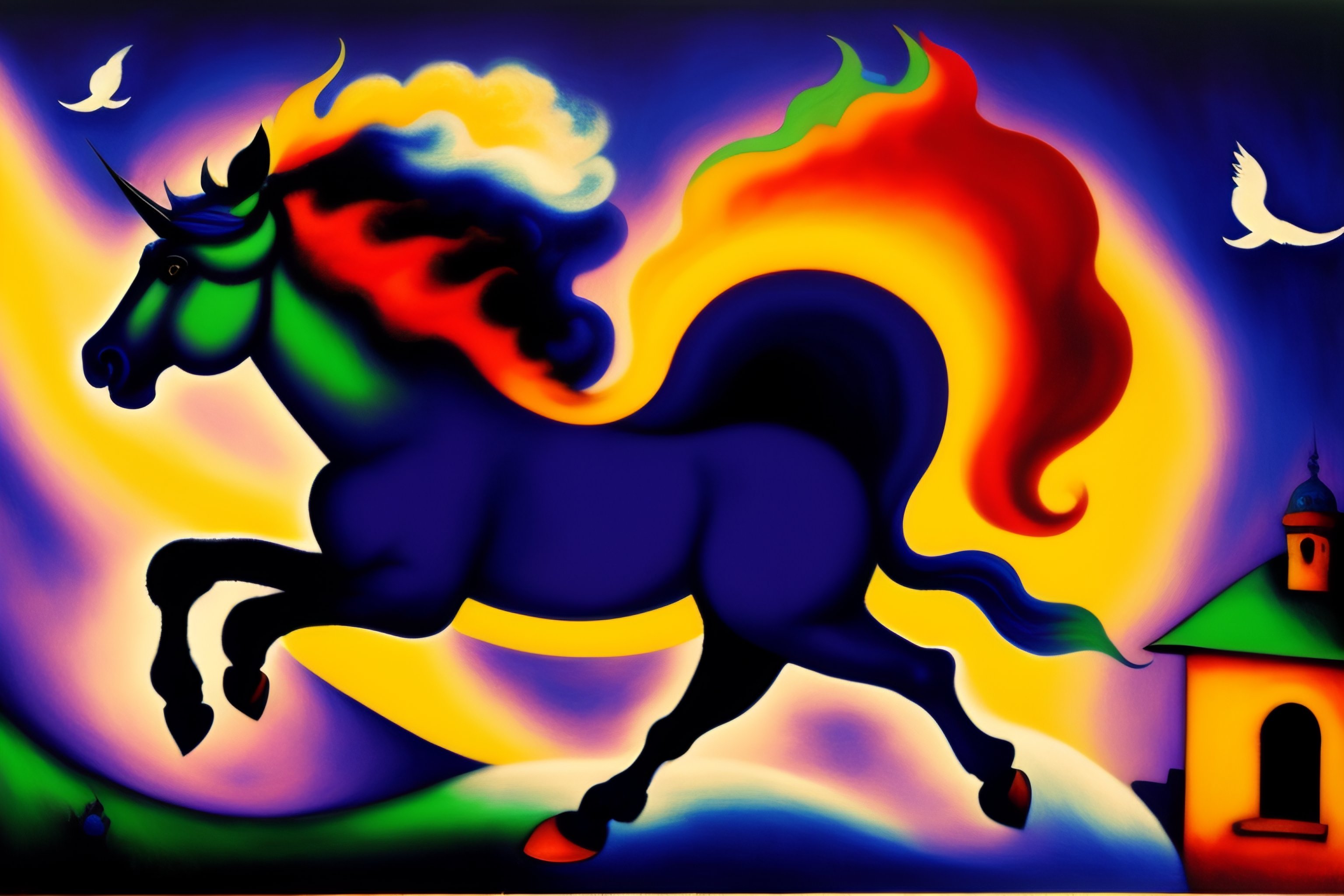 Lexica - Marc chagall painting of flying winged unicorns over a burning ...