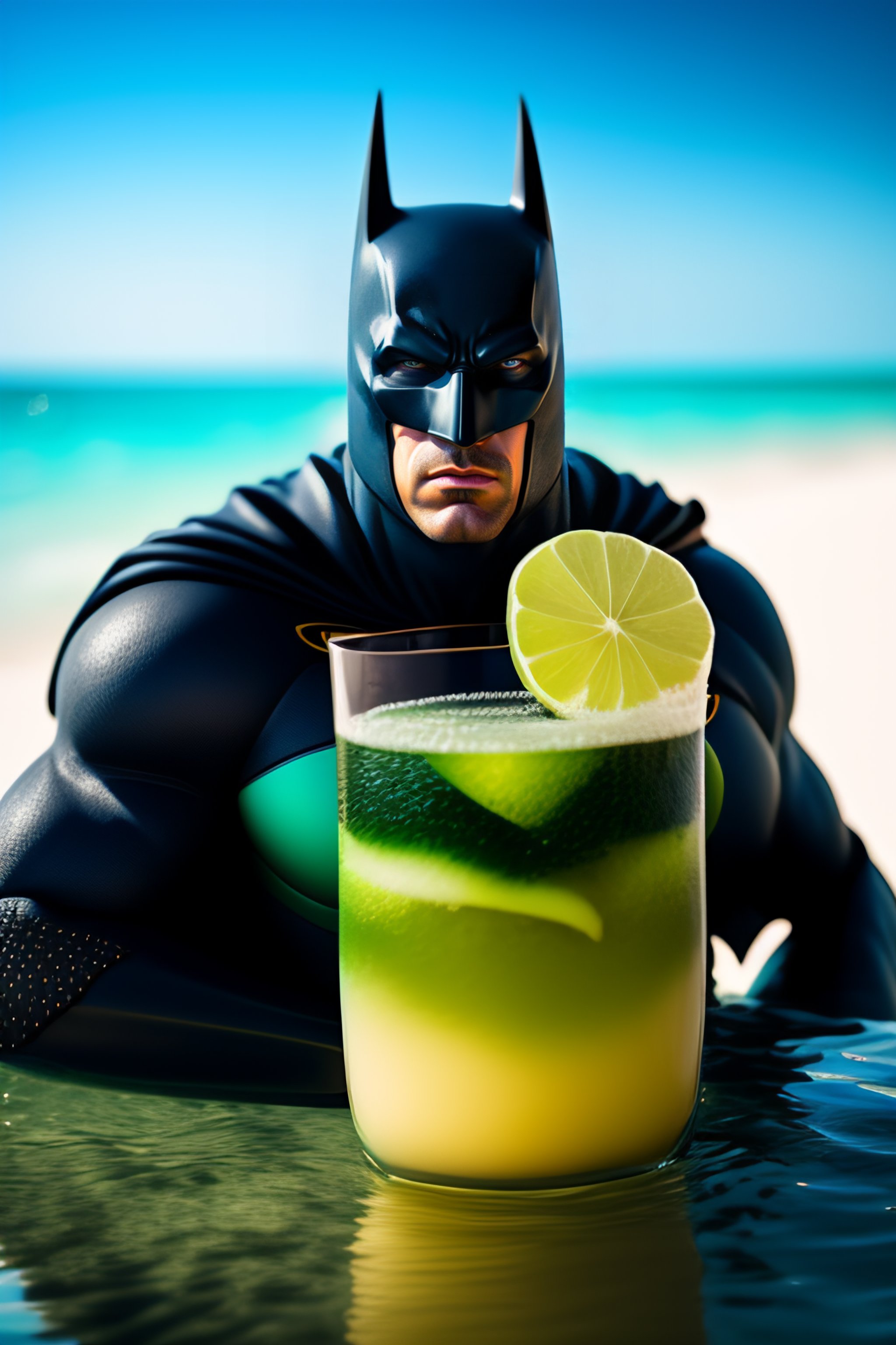 Lexica - Batman wearing a swimsuit and drinking mojito in Bahamas ...