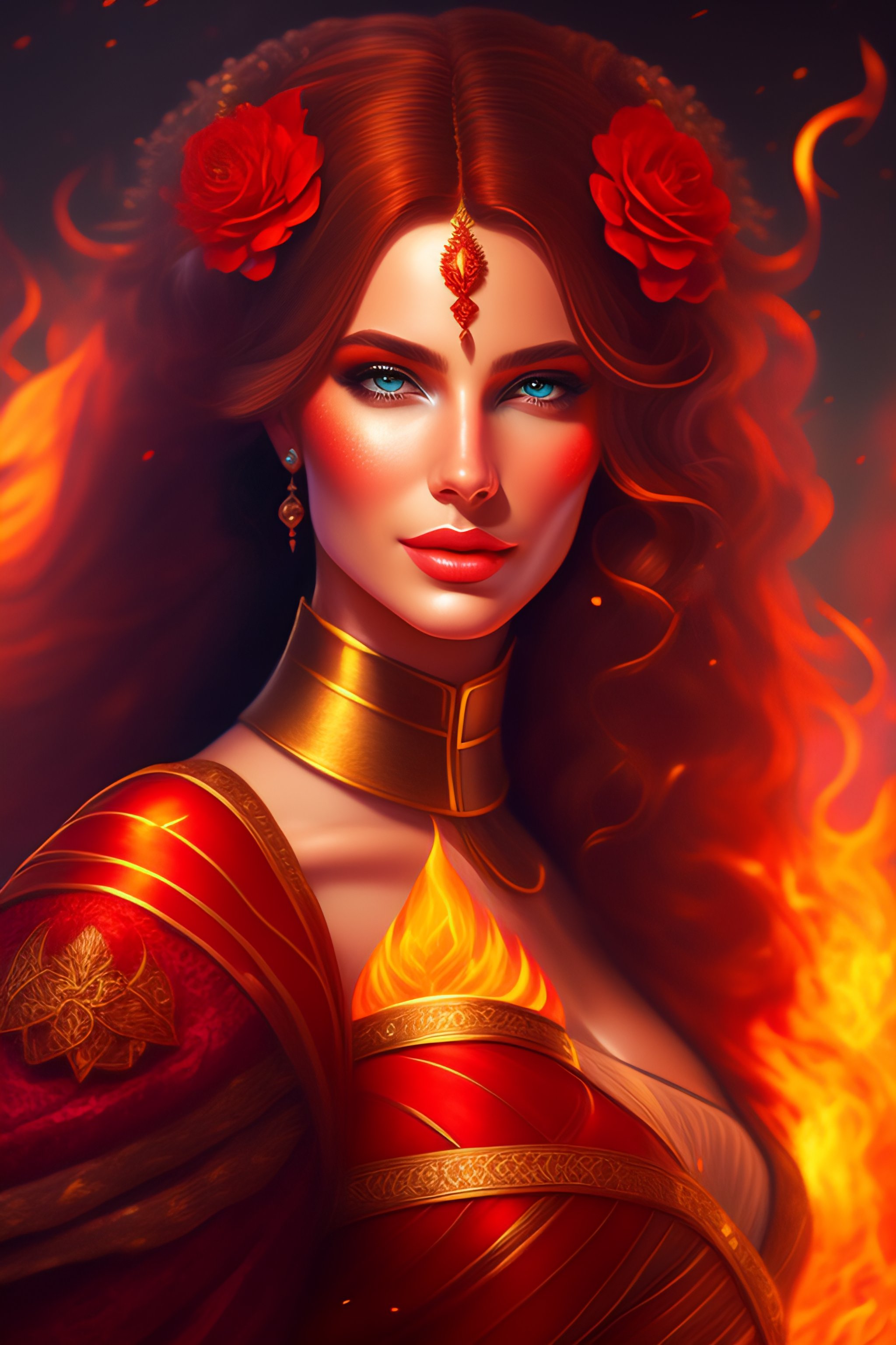 Lexica - Portrait of a beautiful woman surrounded by fire, of beautiful ...