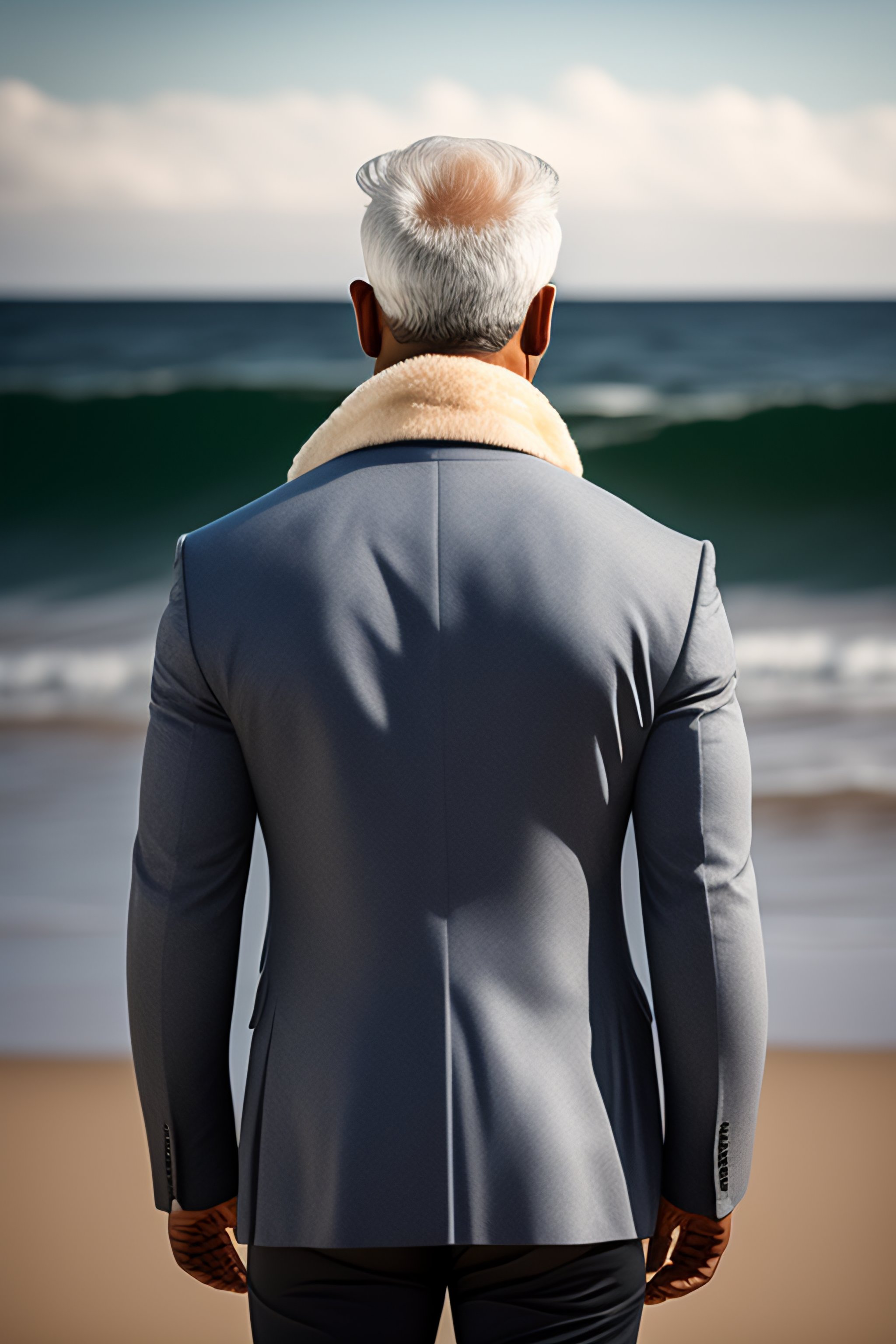 Lexica - Back view of grey hair man on abeach