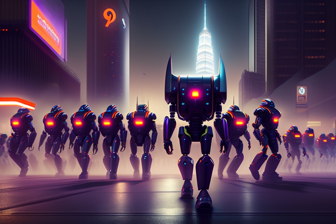 Lexica - An army of 8 robots having humanoid form walking. the ...