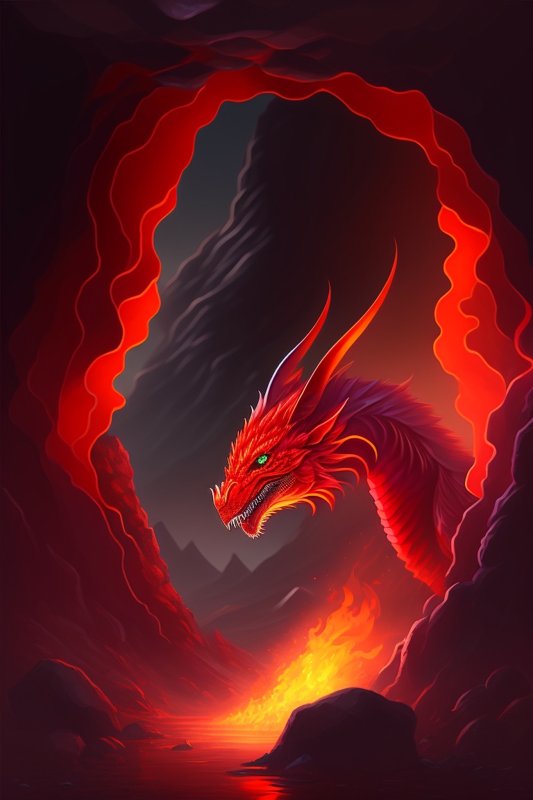 Lexica - A detailed red dragon in a lava cave, semi-realistic style.