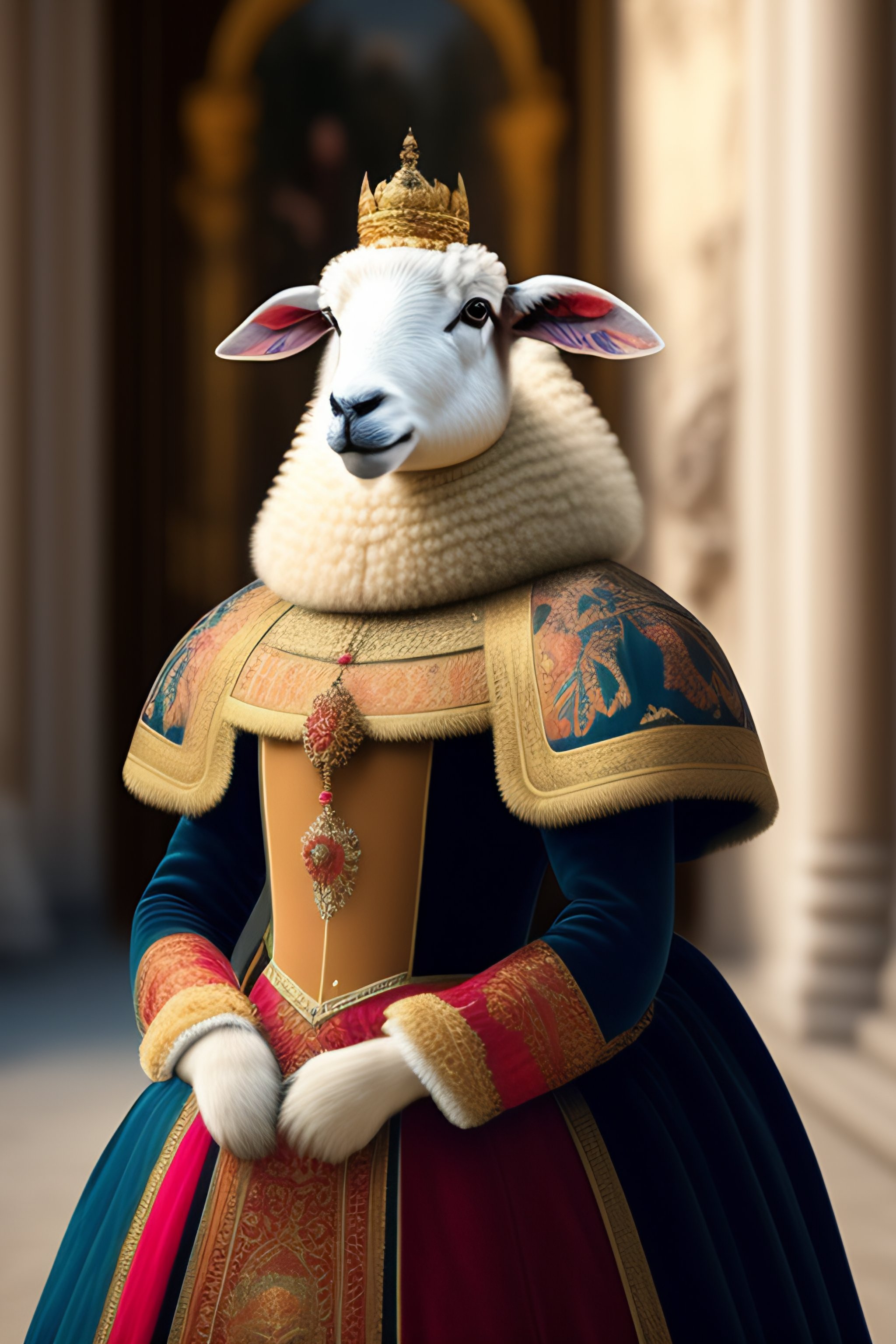 Lexica - Portait of a sheep in baroque armor in front of woollen palace