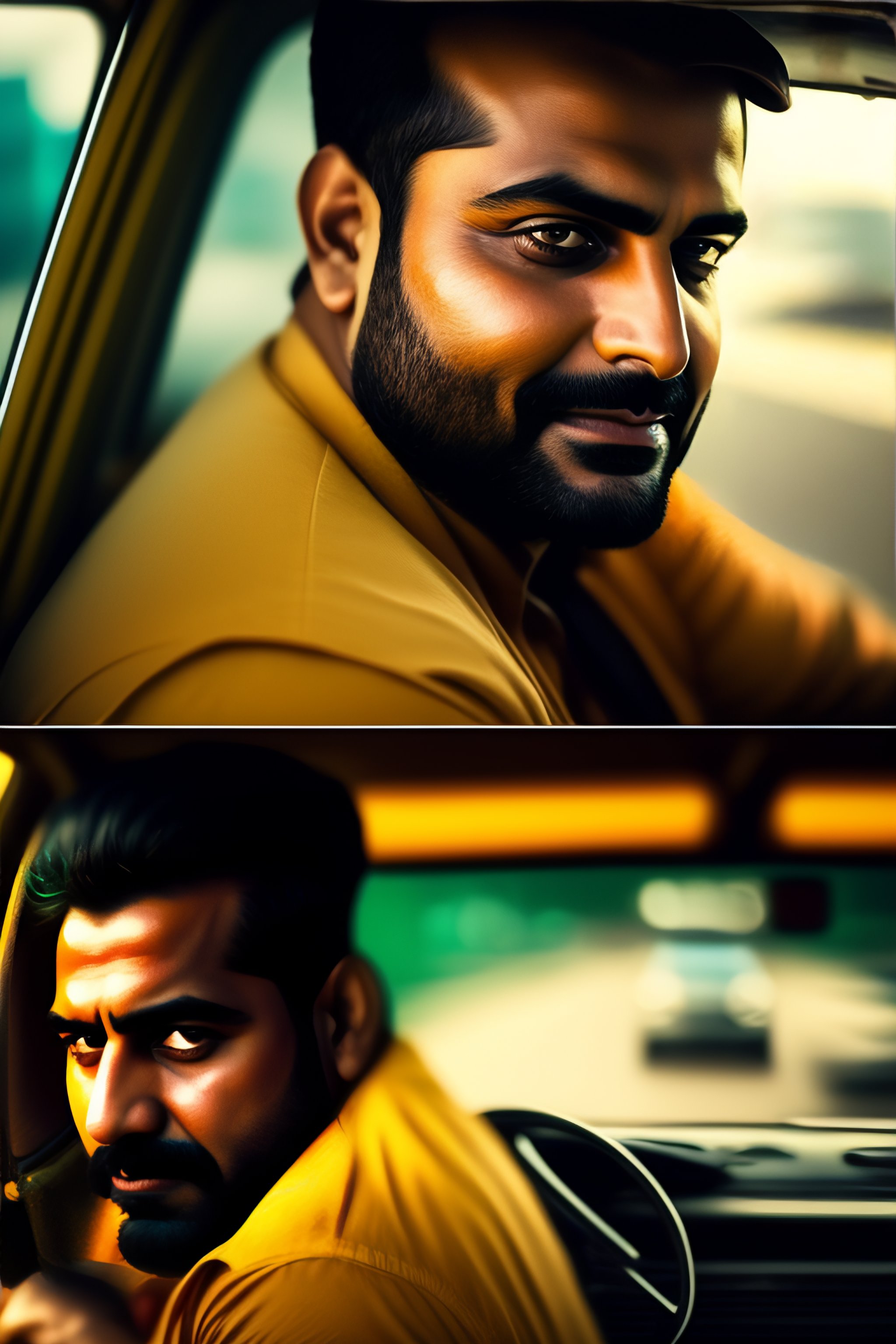 Lexica - The image shows a short, bald, stocky Pakistani man driving a ...