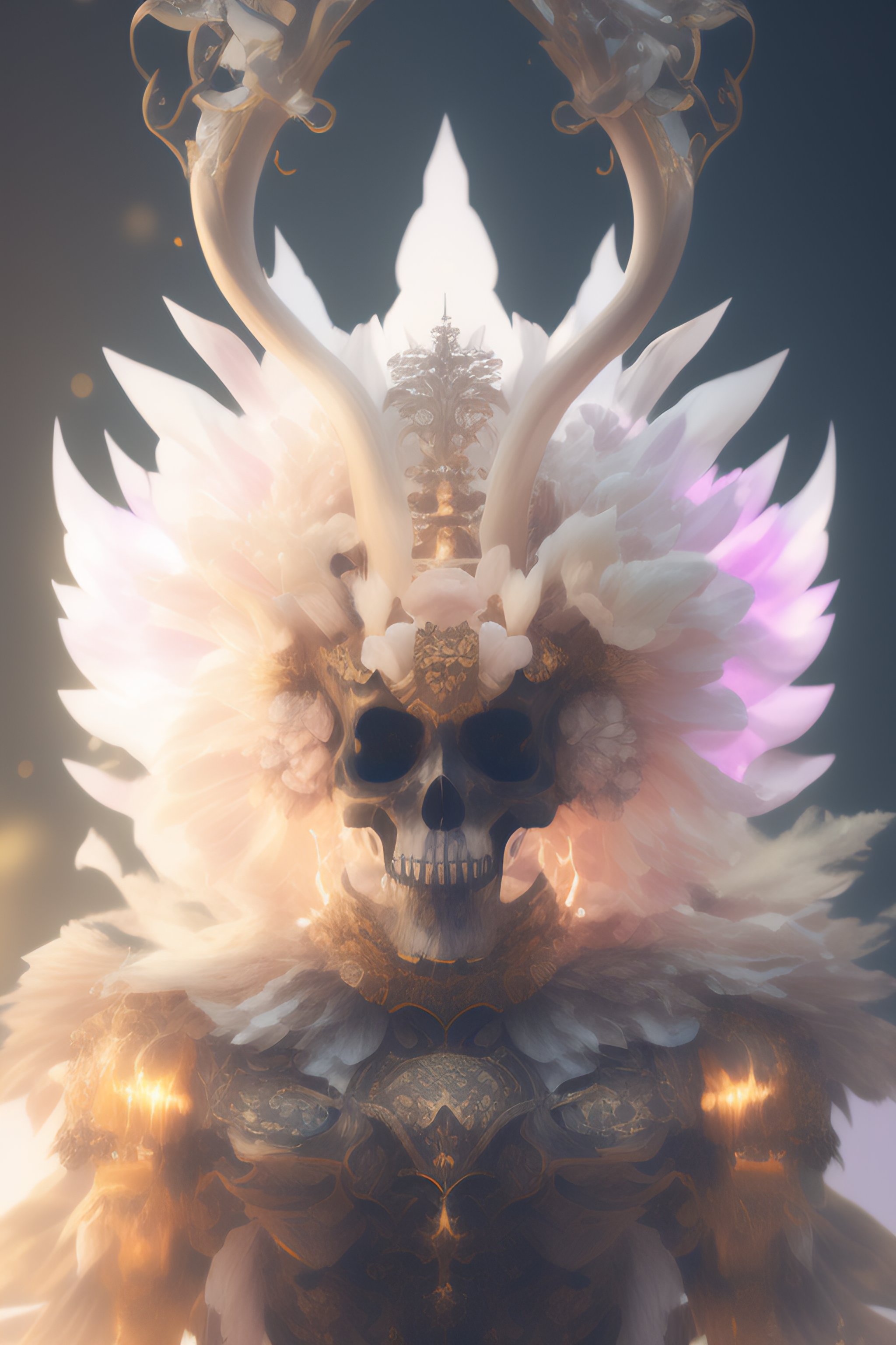 Lexica - Demon god, skull, burning halo, guilded antlers, flowing white ...