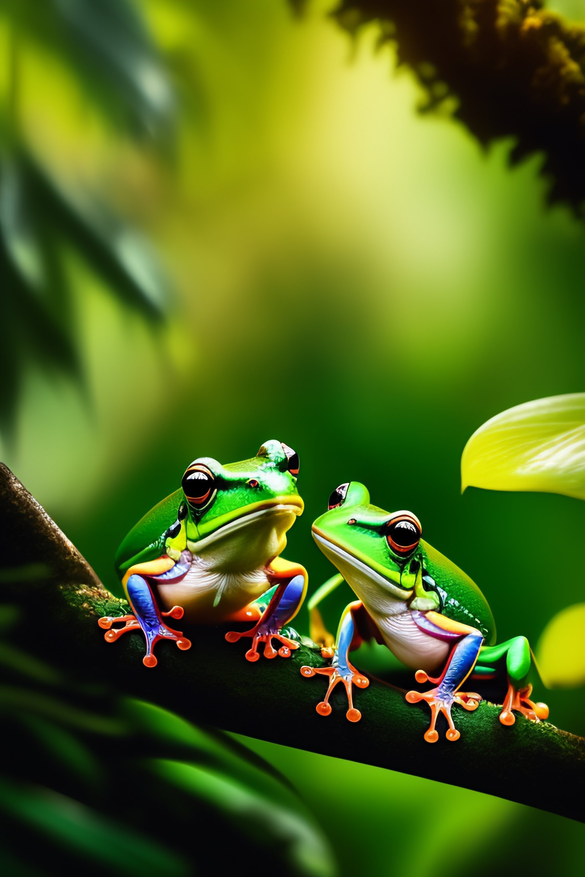 Lexica - Tree frogs hanging out in a tropical rainforest canopy.