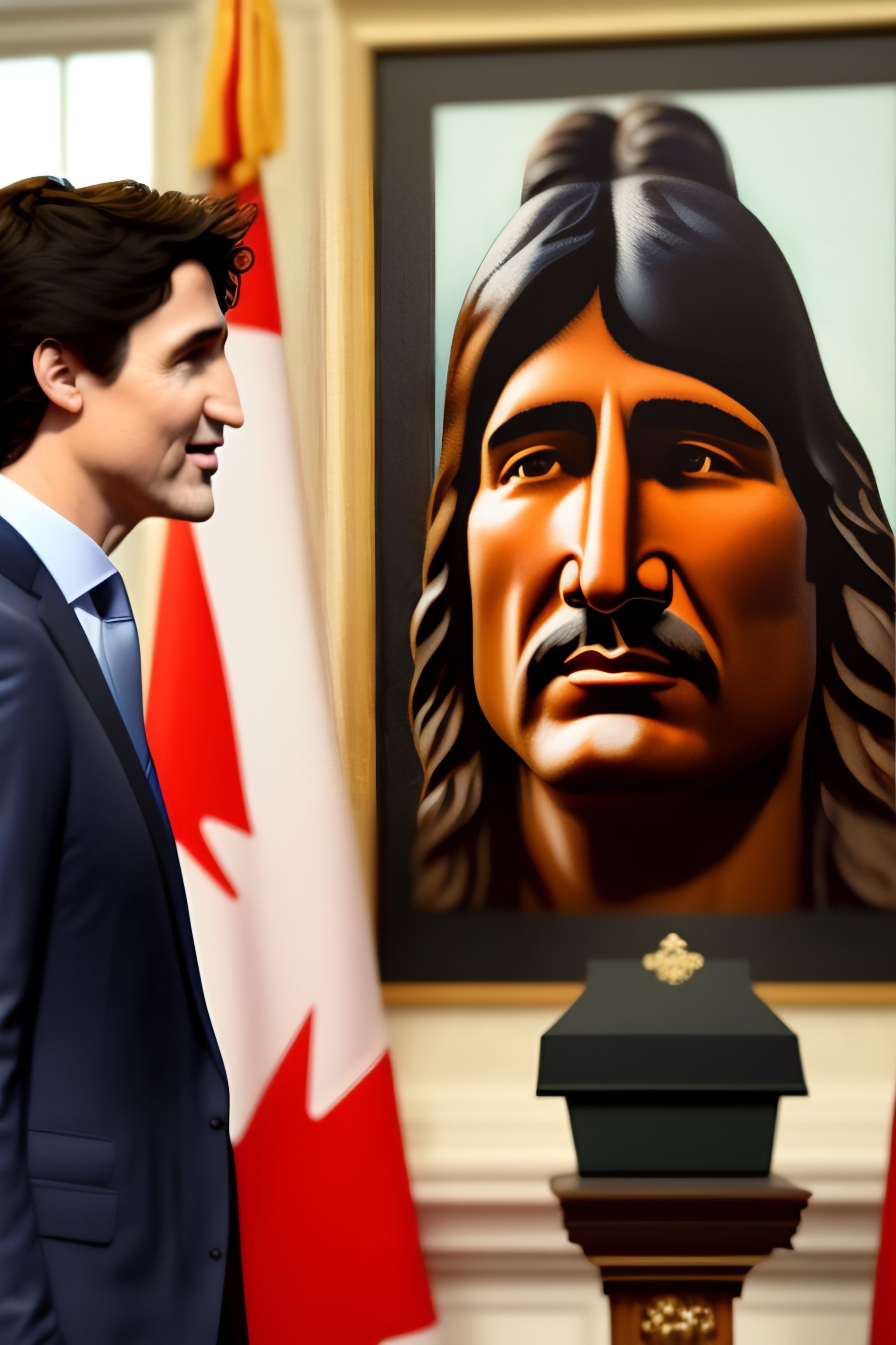 Lexica - Caricature of a tiny figure of Justin Trudeau looking up at a ...