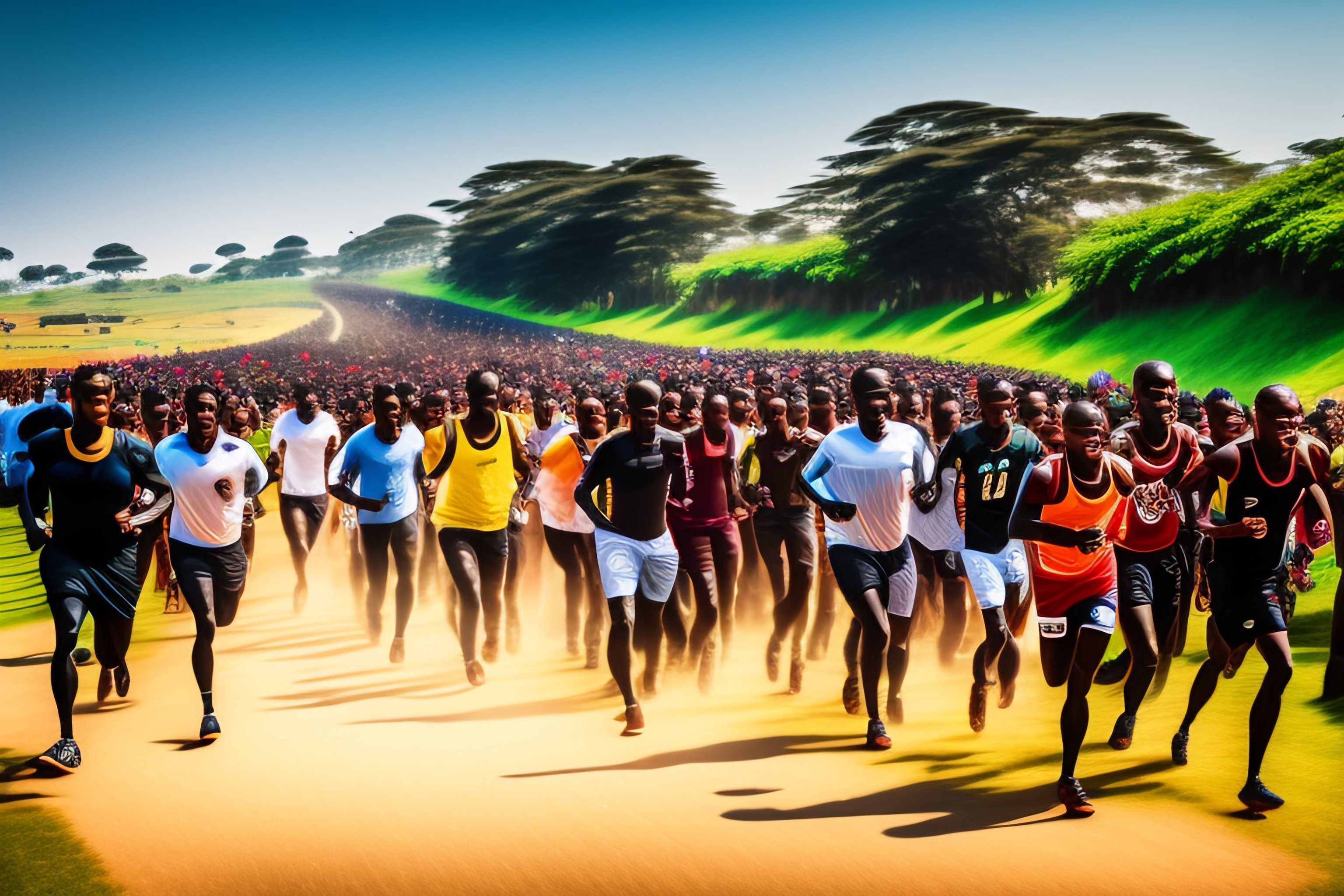 Lexica - Background full of people chasing, front view, grass ground ...