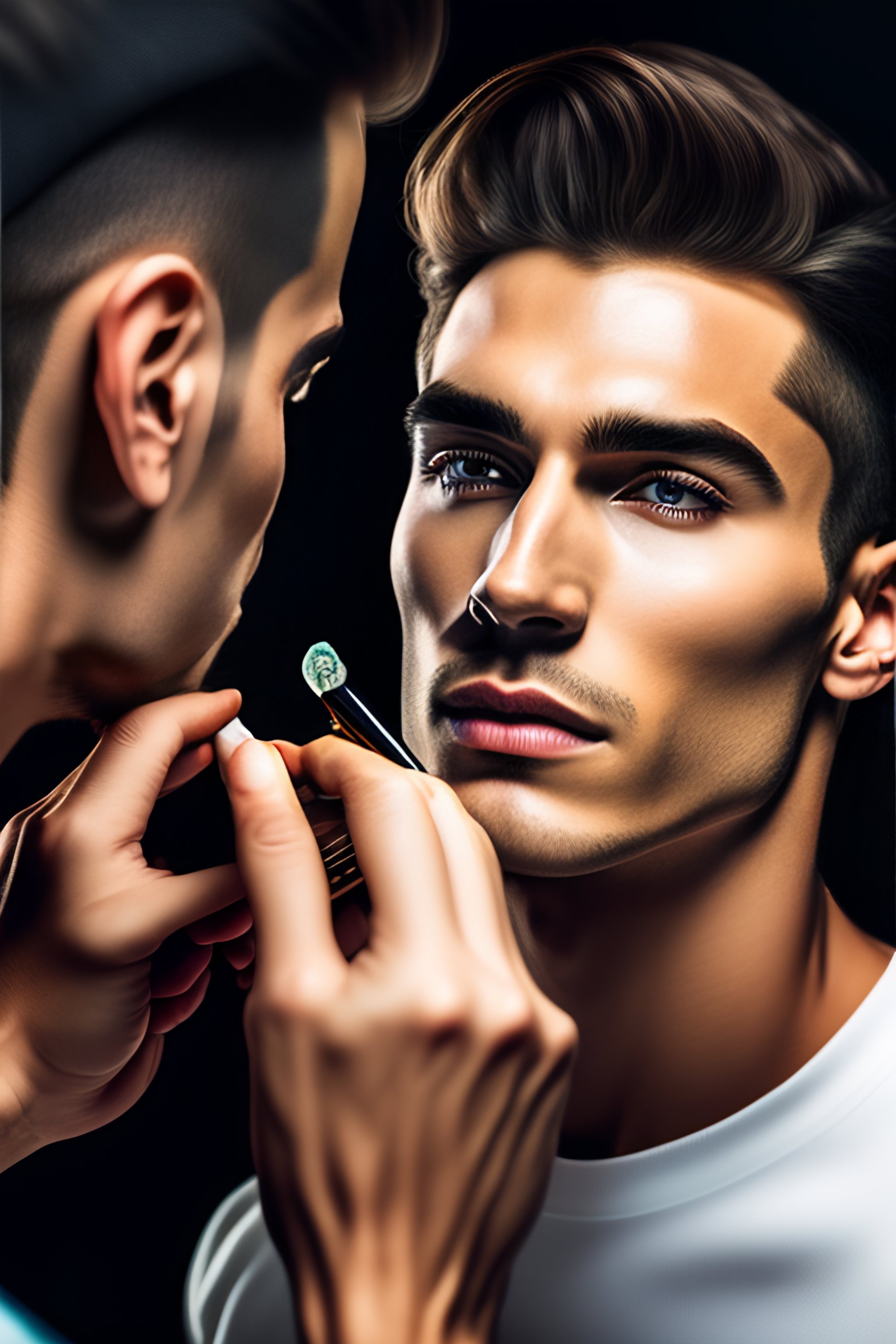 Lexica - Men doing his makeup in front of a mirror with clear light