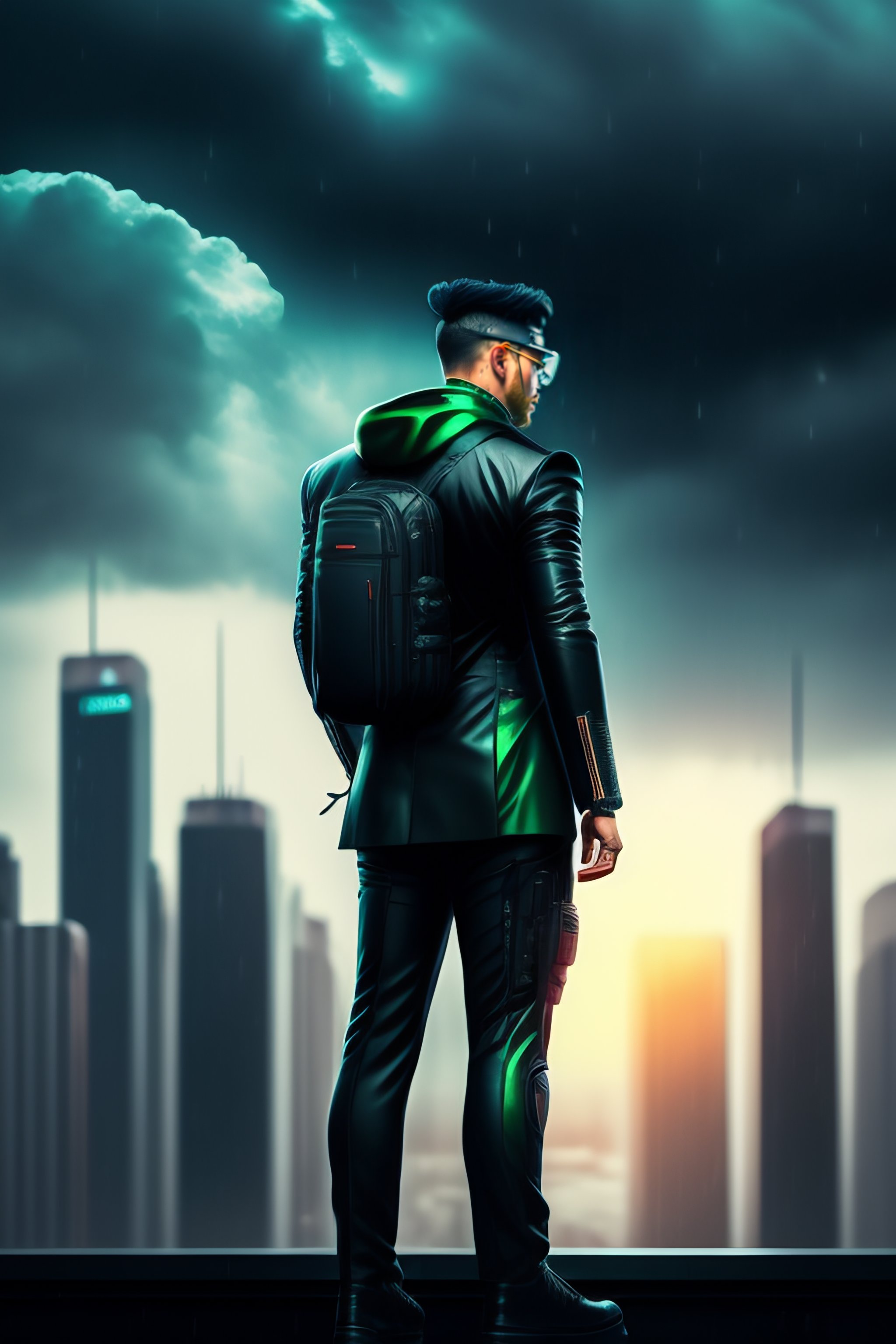 Lexica - Man with black tech suit charming and green tech glasses ...