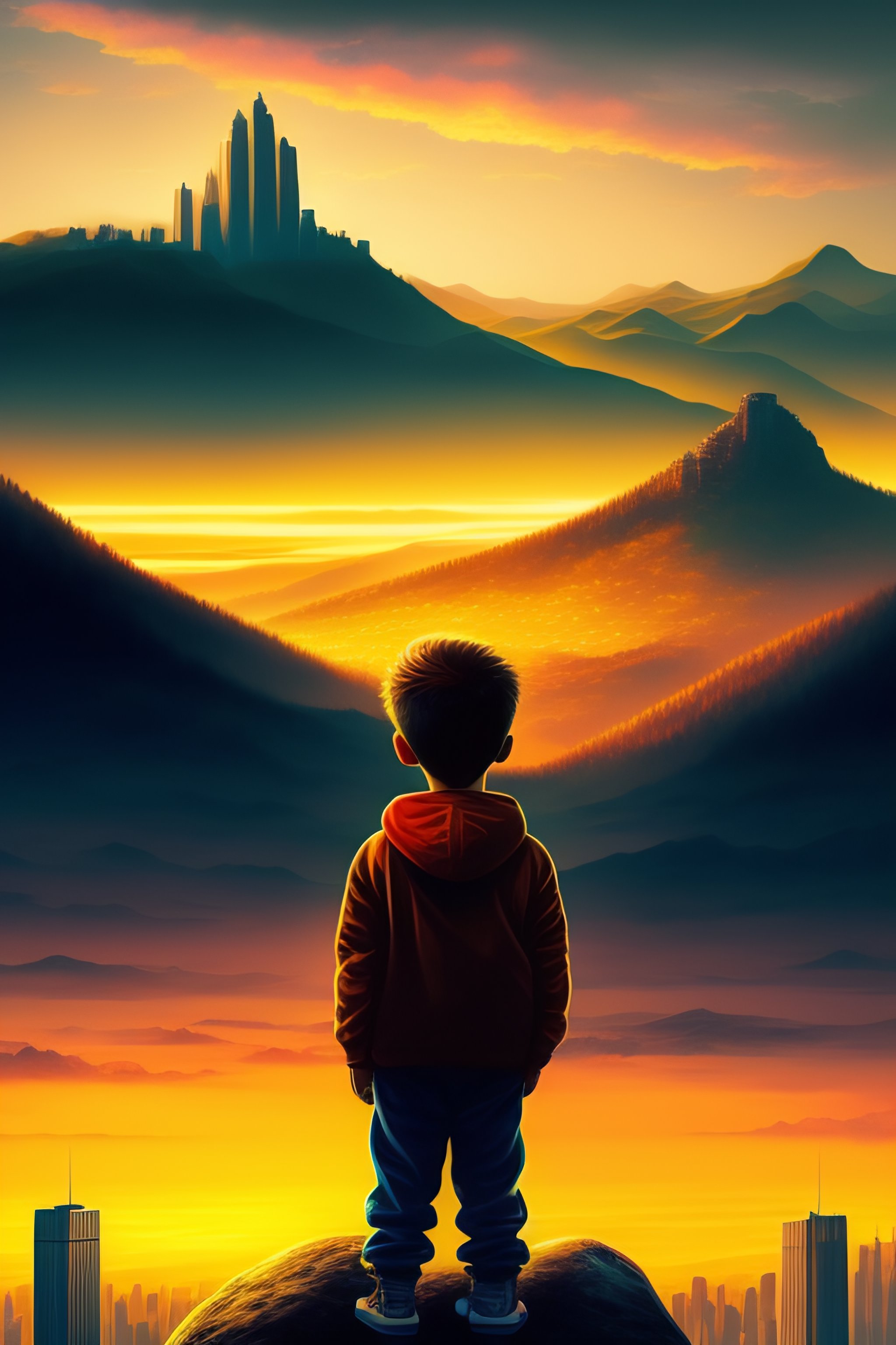 Lexica - The image depicts a lone boy standing on the peak of a ...