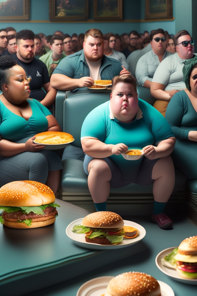 Lexica - Dystopian future, 100 obese people sitting eating burgers and ...