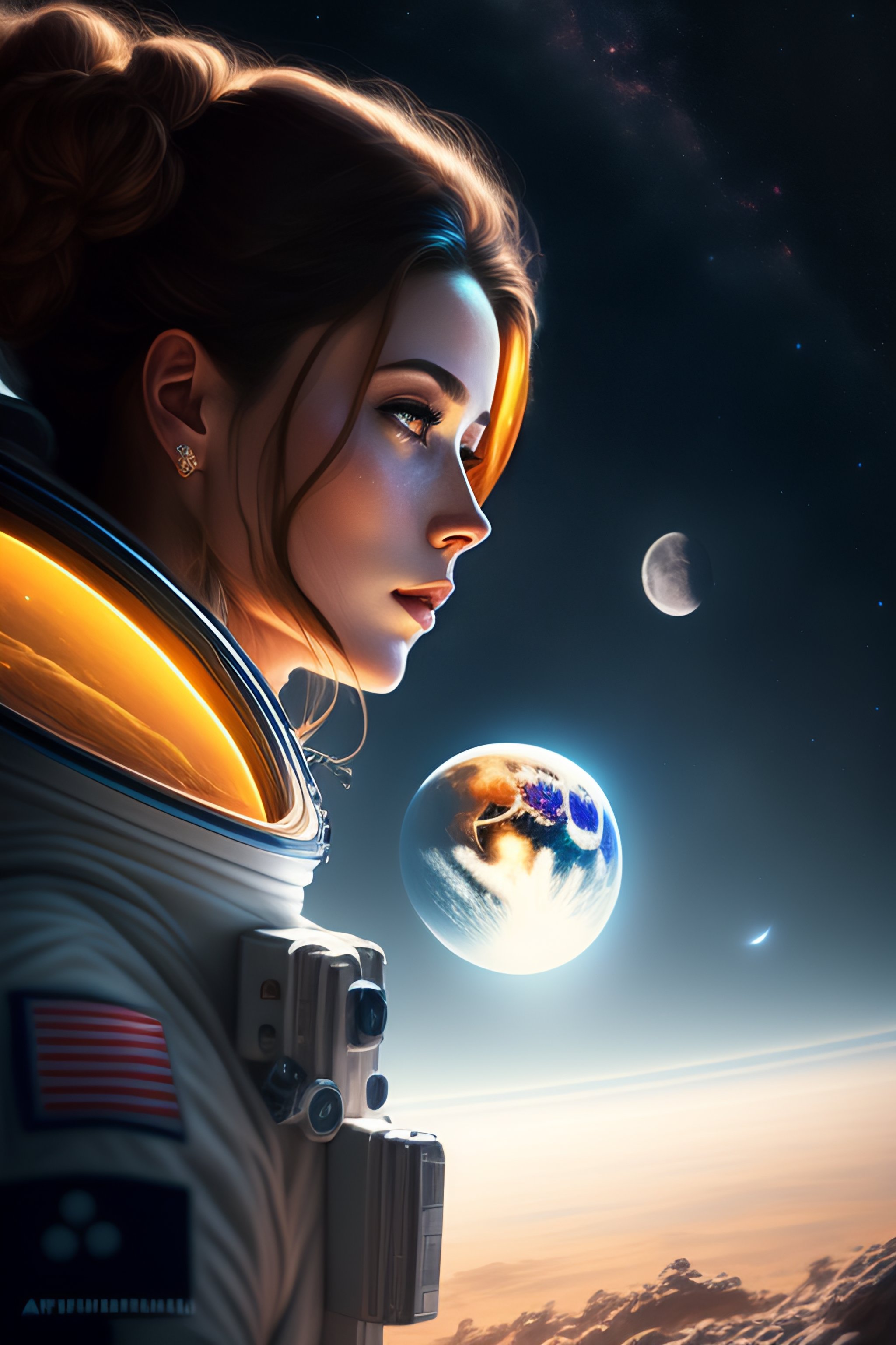 Lexica - Portrait of an astronaut brown hair on moon looking at earth ...