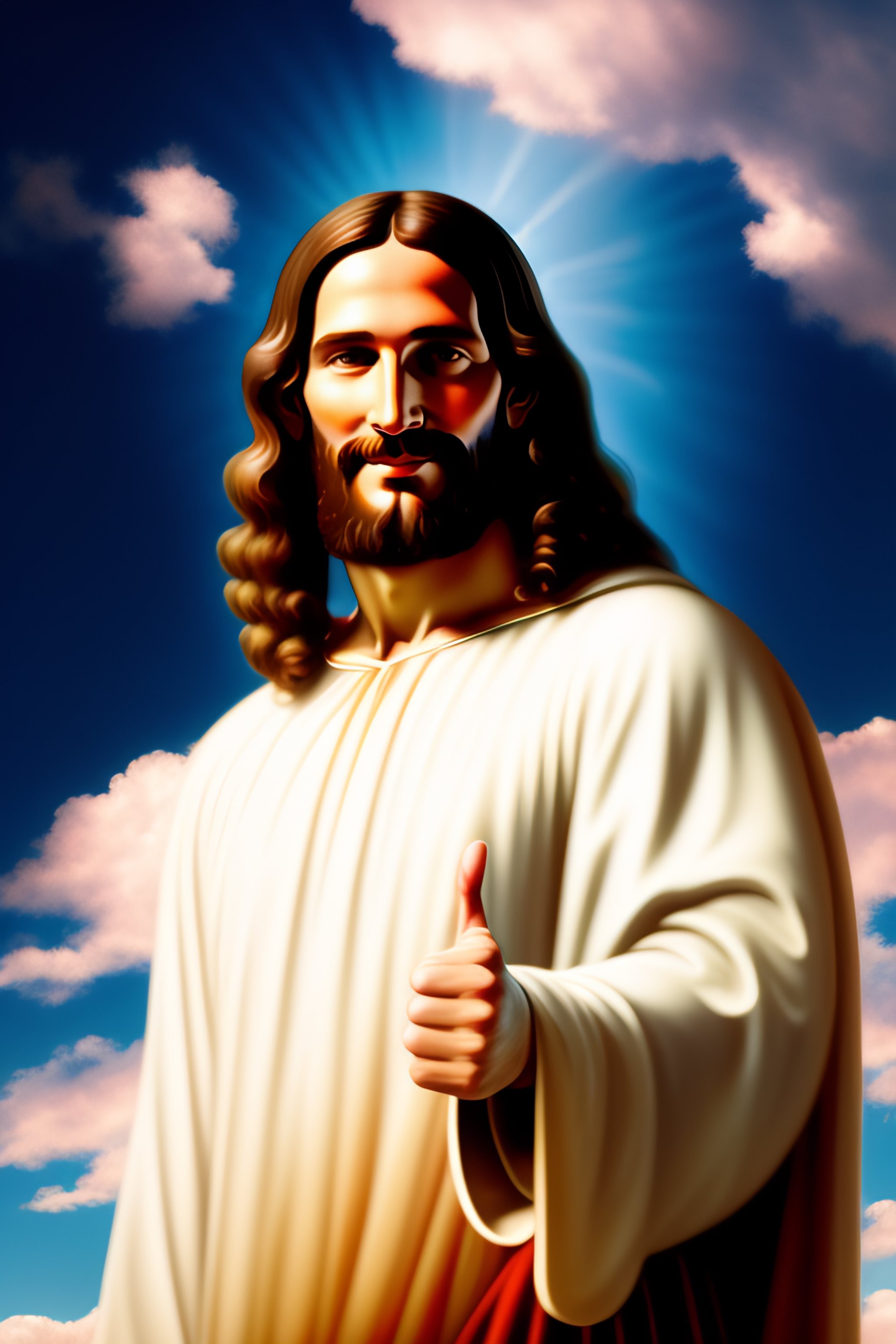 Lexica - Jesus christ smiling and showing thumbs up, background clouds