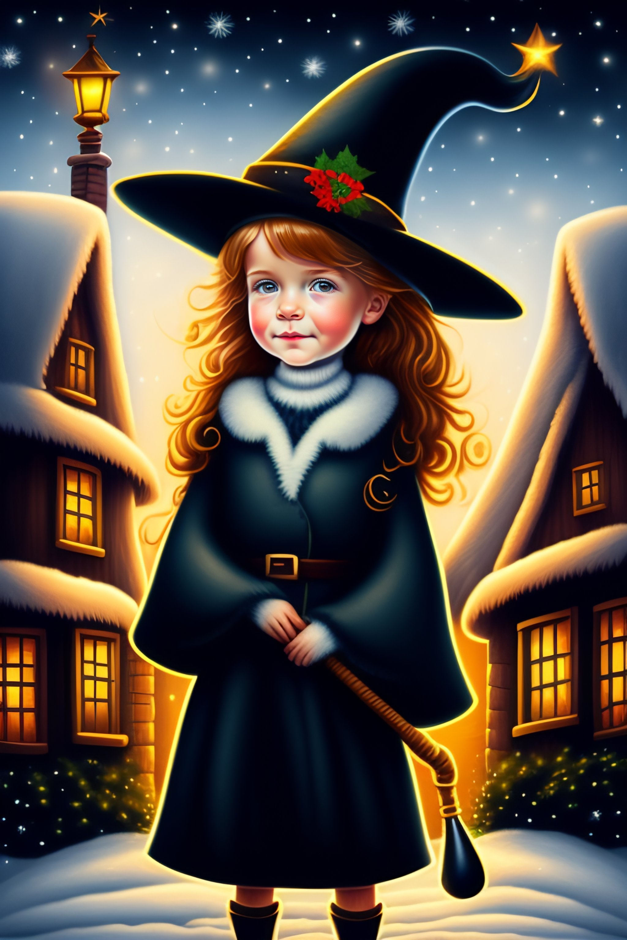 Lexica - A little tired witch in a hat sits on a broomstick and flies ...