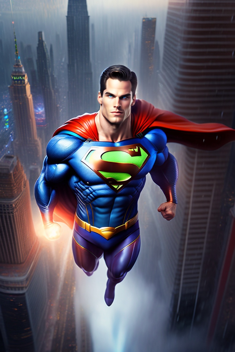 Lexica - Superman floating above the City, rainy night, realistic art ...