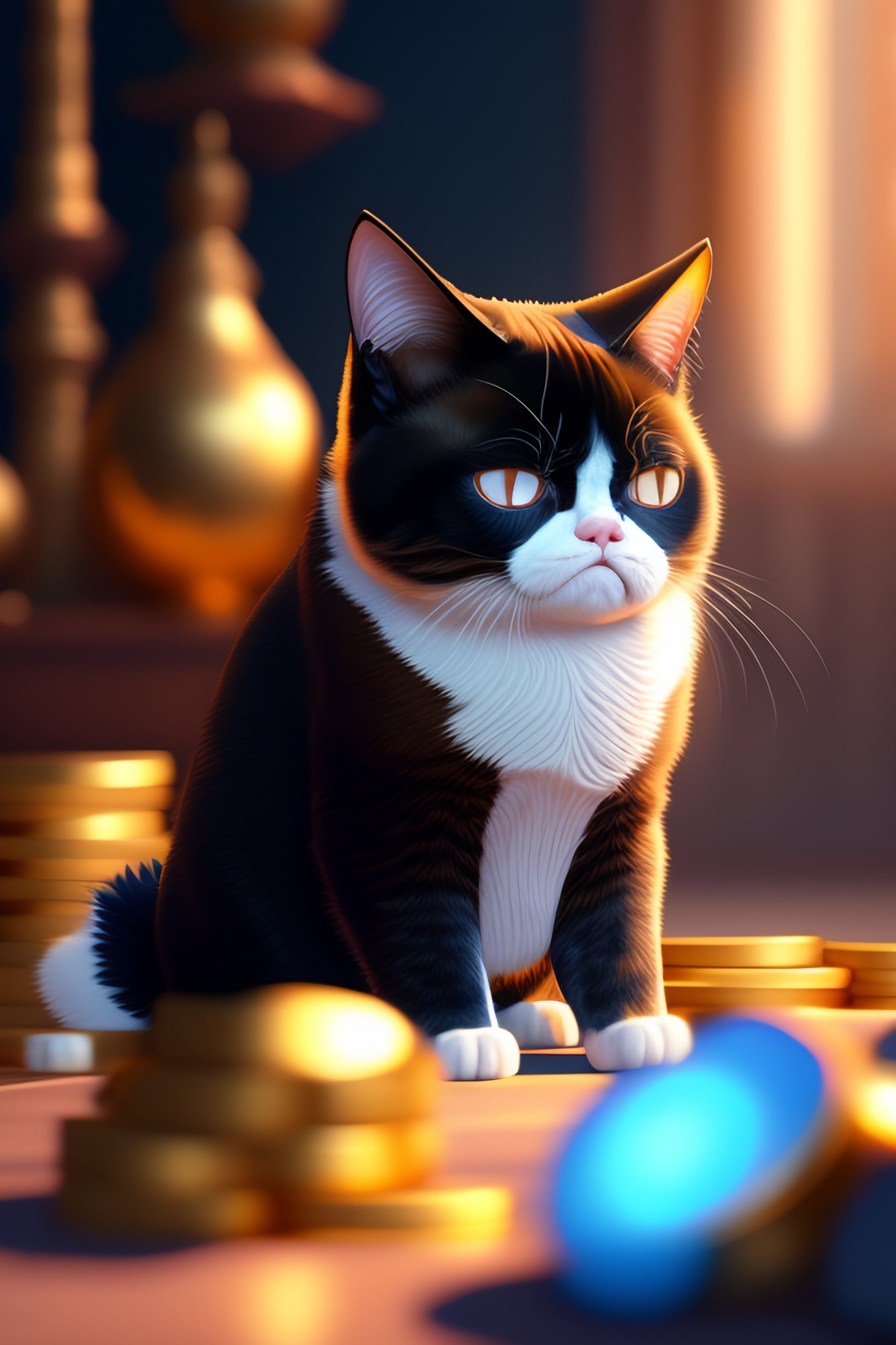 Lexica - A grumpy cat counting gold coins at home, in disney concept ...