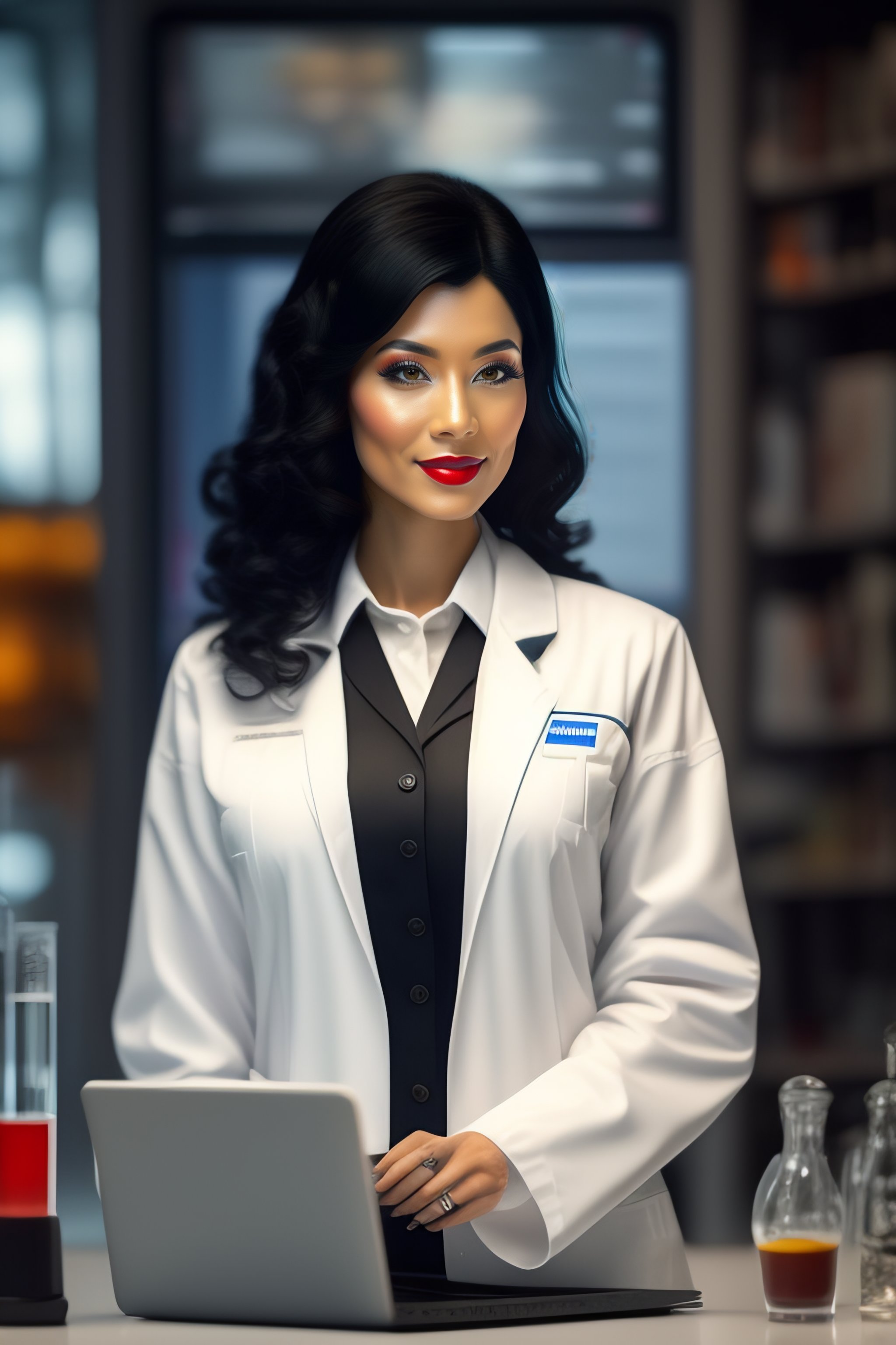 Lexica - Black-haired woman scientist using google, dresses like a goth