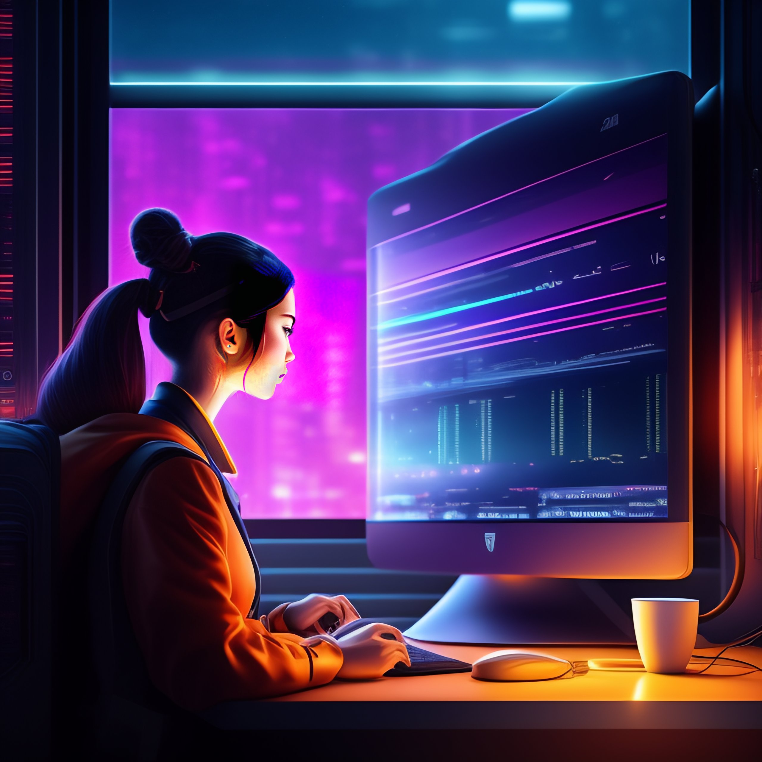 Lexica - Illustration of a girl working on a computer in a small room ...