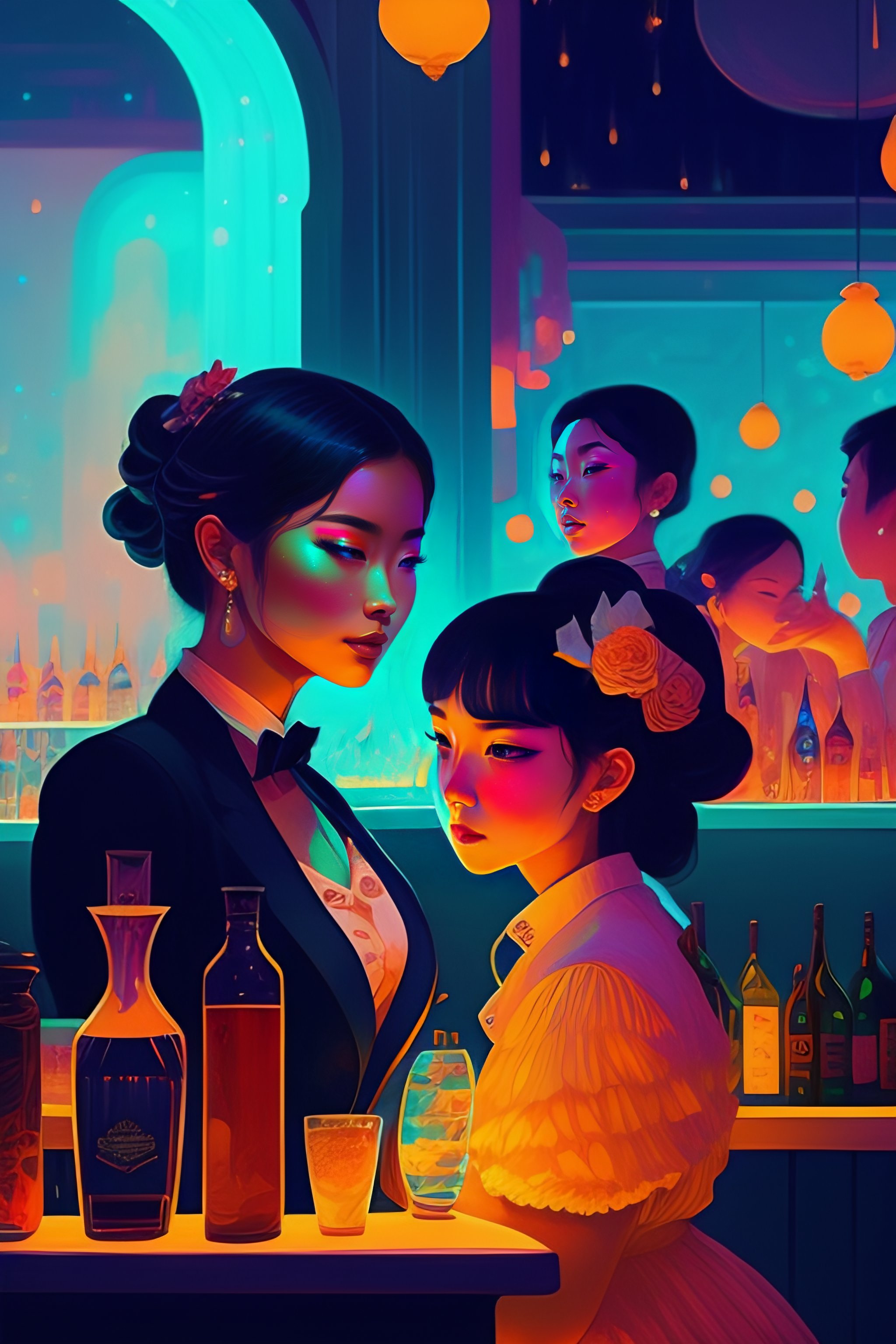 Lexica - Beautiful young girls at a bar, epic scene, by victo ngai ...