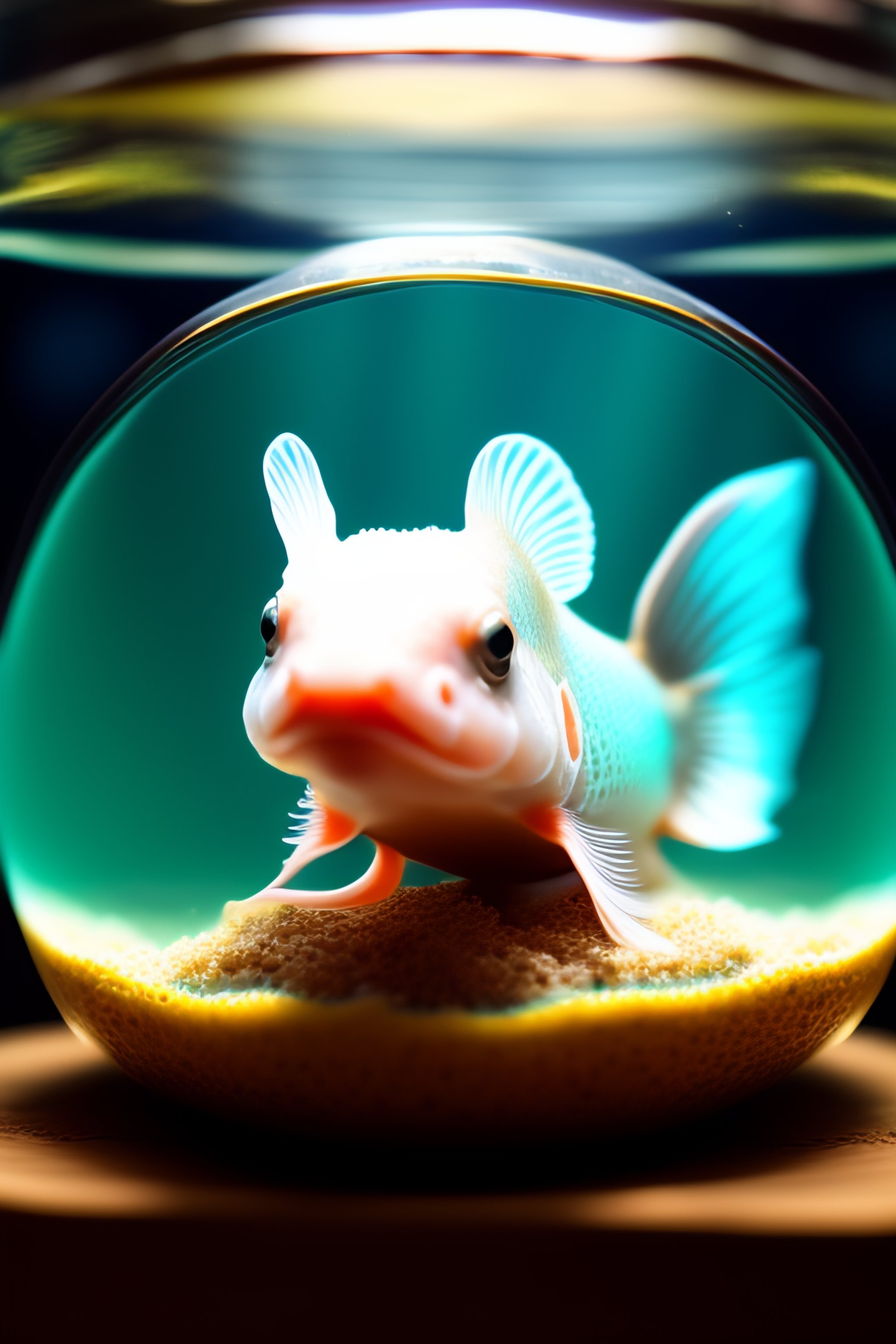 Lexica - A cute little axolotl in a small circular fish tank.