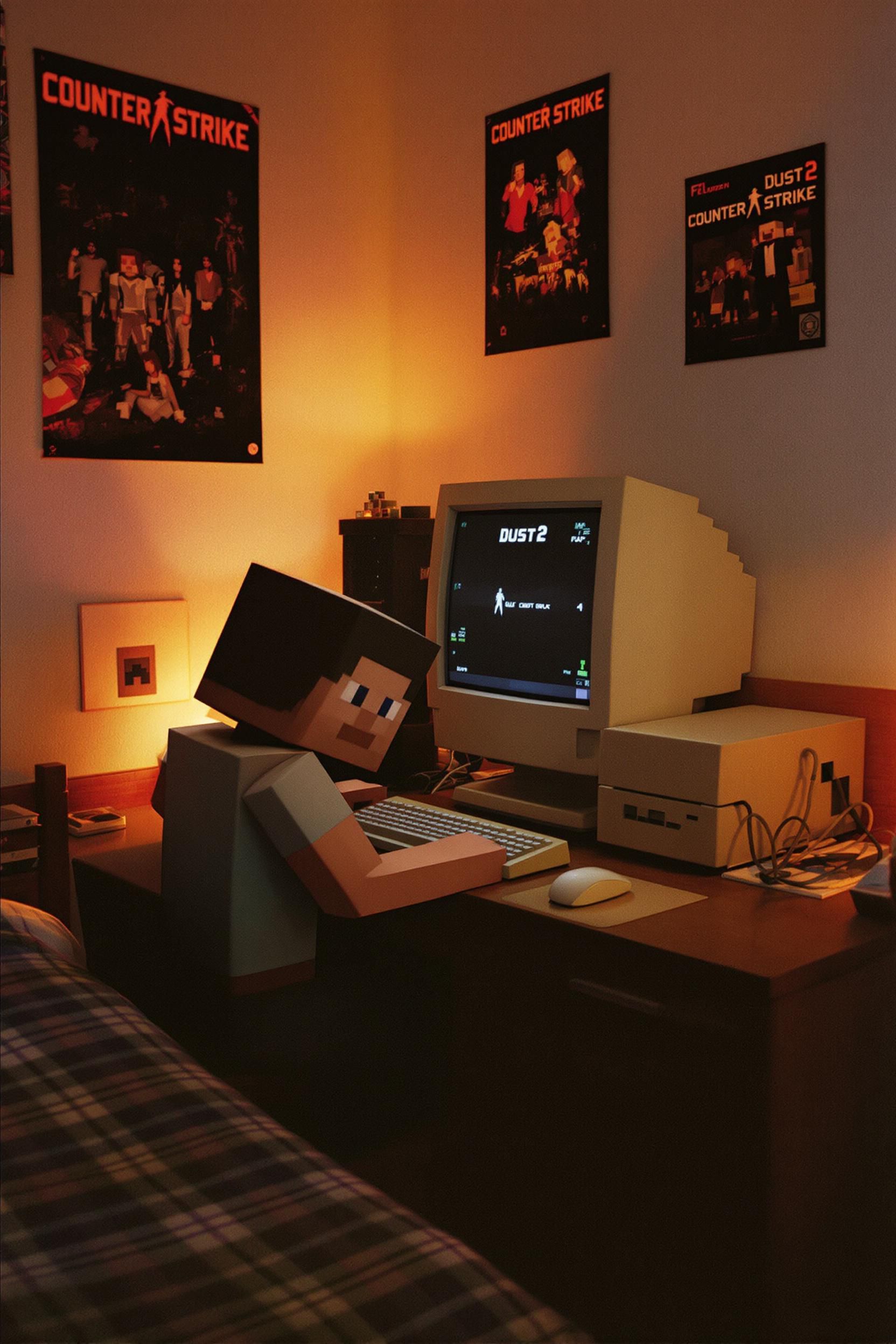 Lexica - Analog photo of blocky Steve from Minecraft playing Counter ...