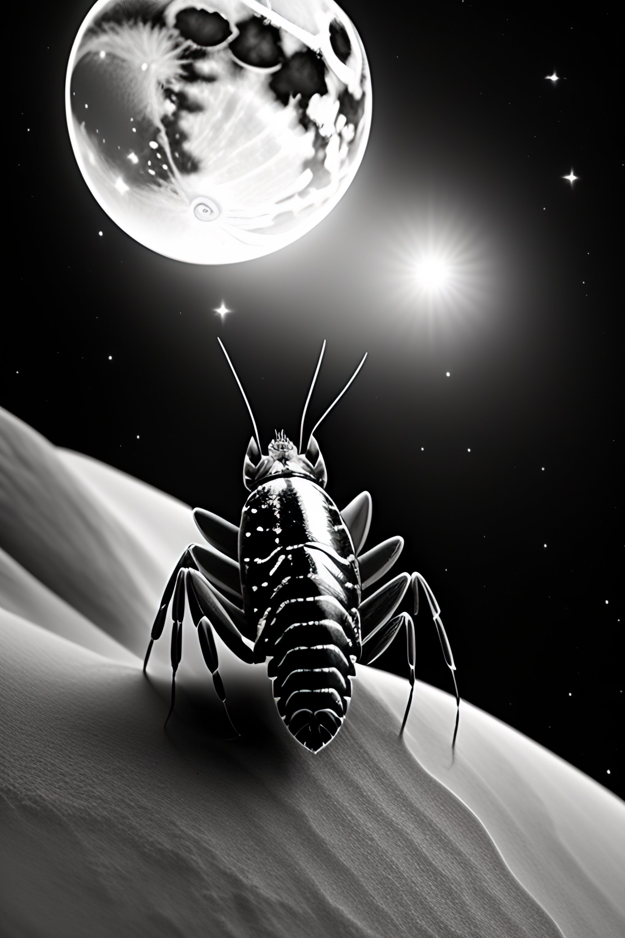 Lexica - Lobster sits on the moon, black and white