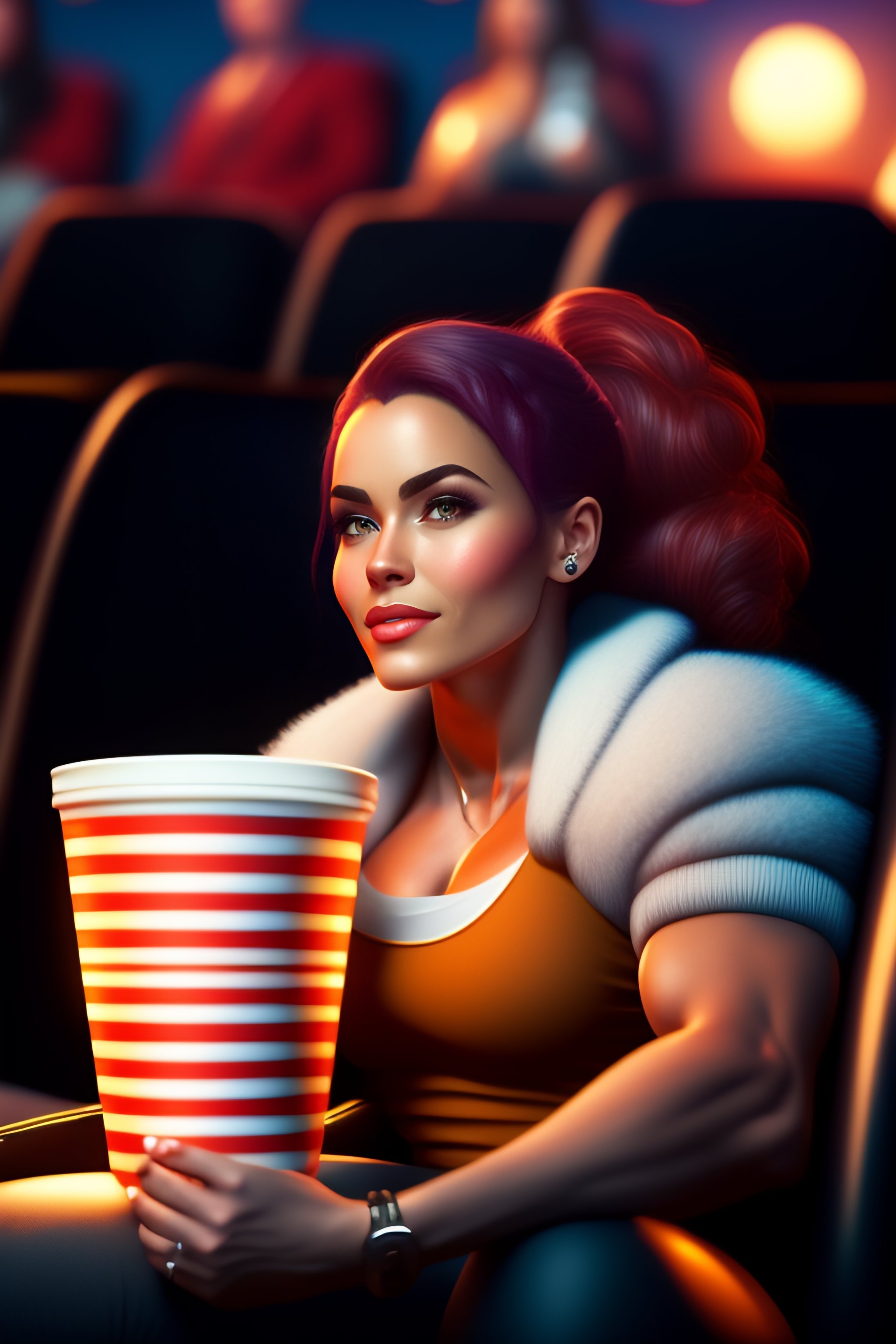 Lexica - Cute woman bodybuilder sitting in a movie theater eating ...