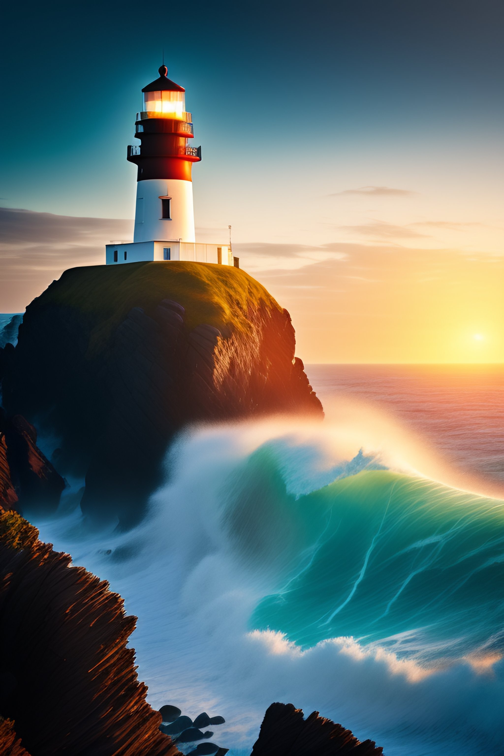 Lexica - A lighthouse in the middle of the sea, with wild sea hitting ...