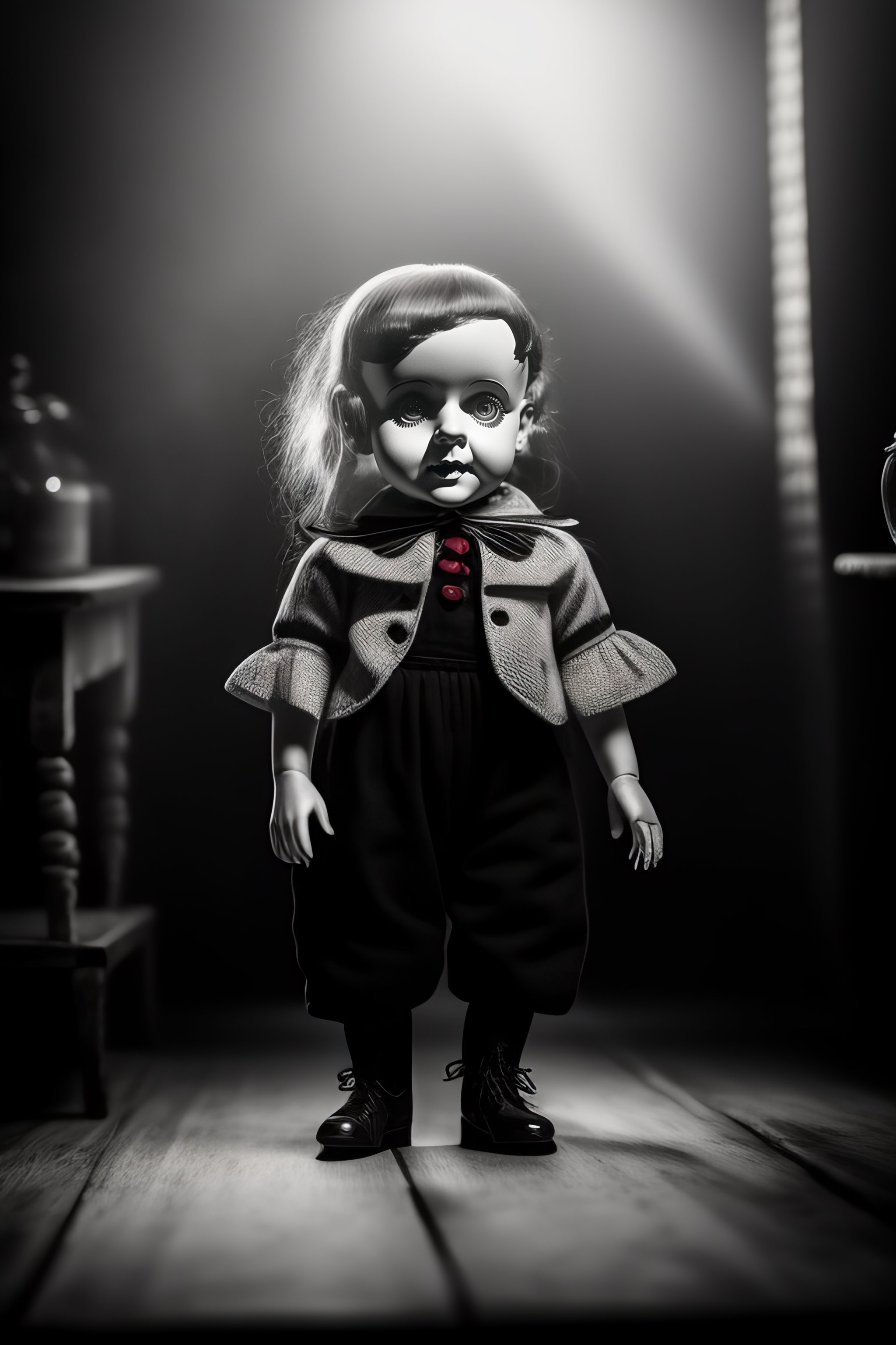 Lexica - Scary ventriloquist doll standing on a stage, looking into the ...