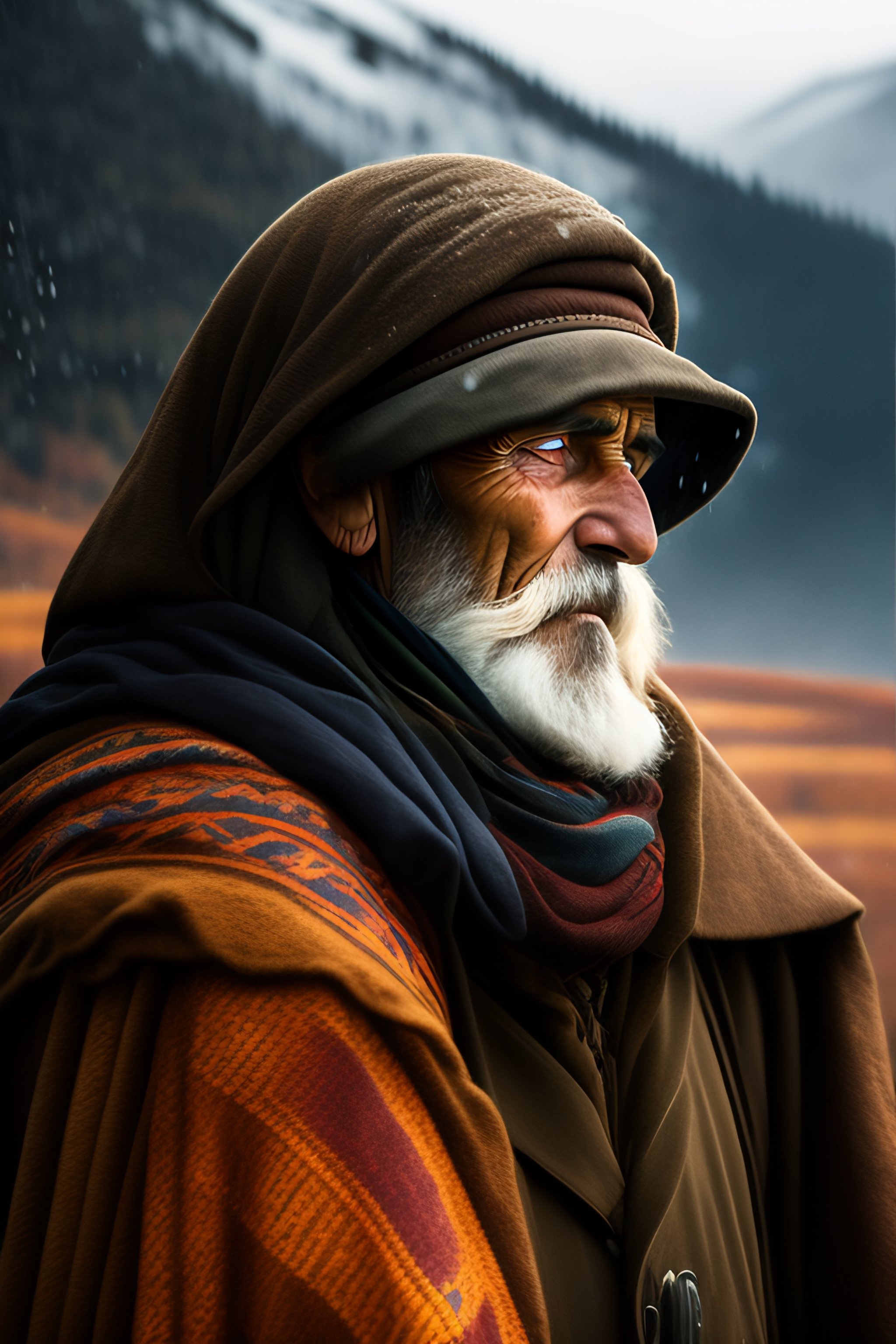 Lexica - Chechen old man shepard in mountains, rainy, autumn, dark details