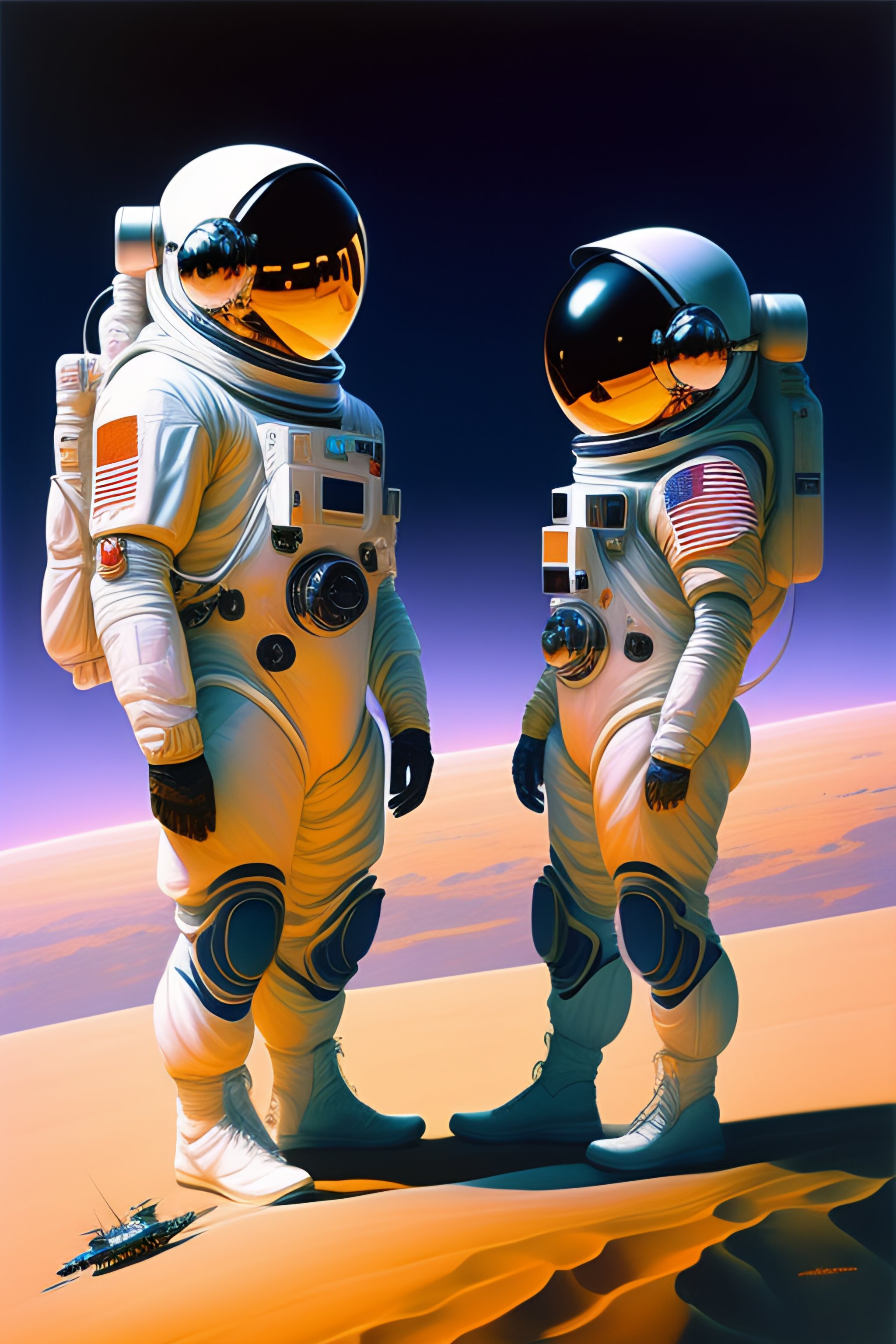 Lexica - "Robot Astronaut and Human Astronaut" by Syd Mead, cold color ...