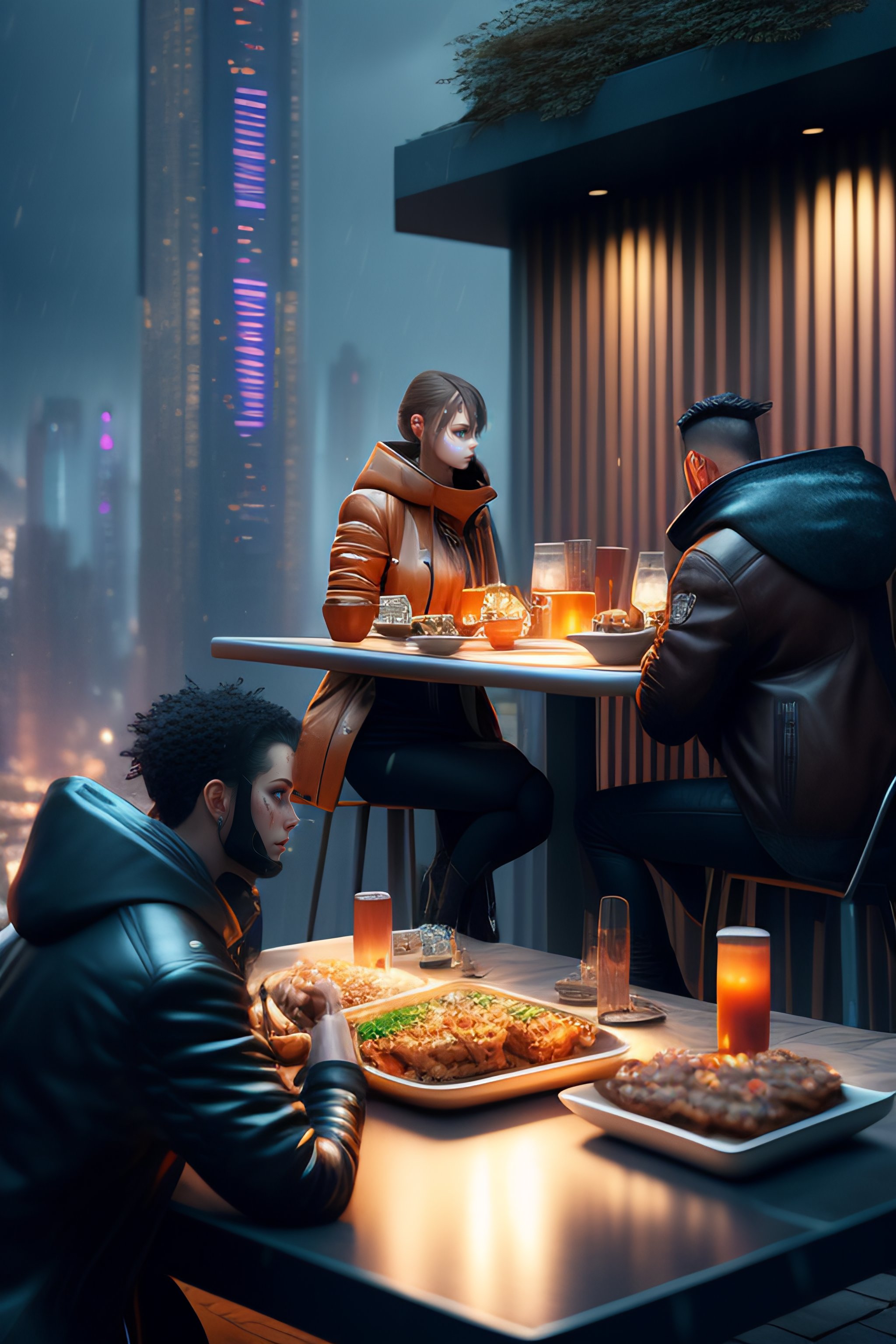 Lexica - A group of damaged cyberpunk cyborg eating boxes on a table ...