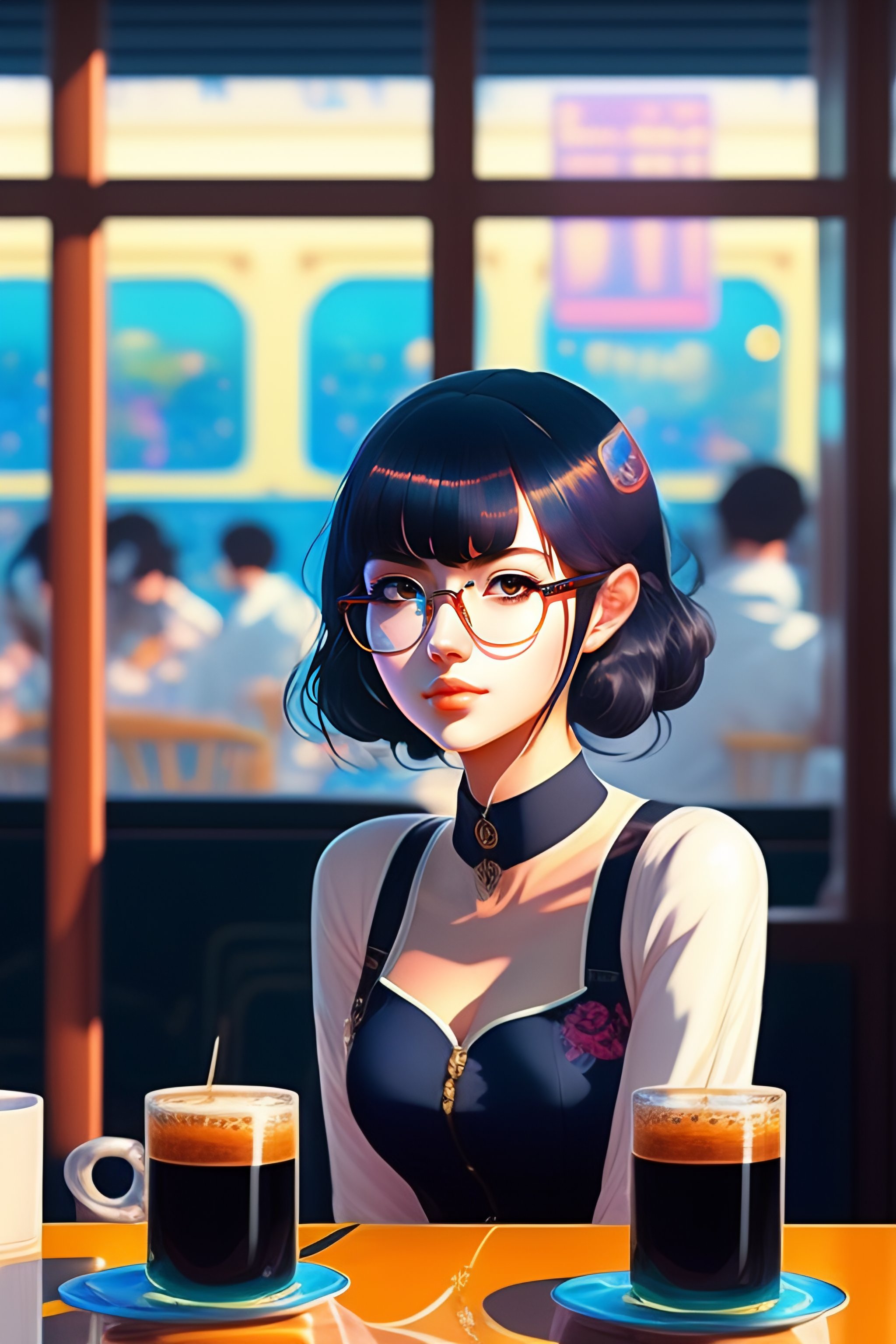 Lexica - Cute girl in blue dress black hair black wayfarer glasses sitting psychedelic patterns ...