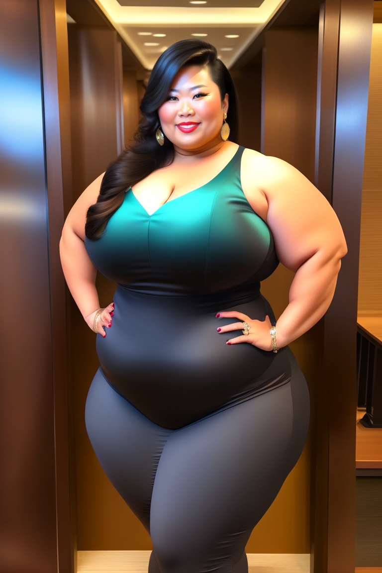 Lexica - Thick Asian woman, wide hips, huge 38DDD, office setting, choker