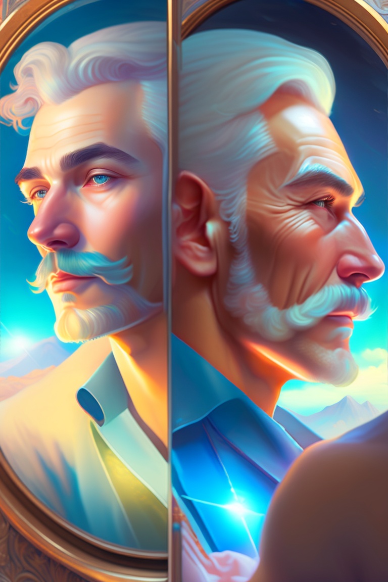 Lexica - Realistic portrait shaving old man reflection mirror young man ...
