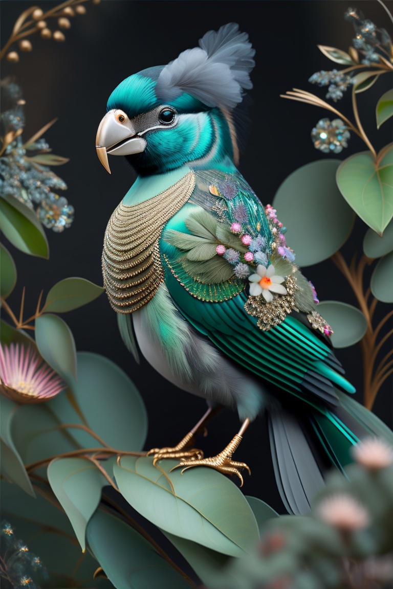 Lexica - Muted floral dusted shiny glimmering emerald teal grey bird ...