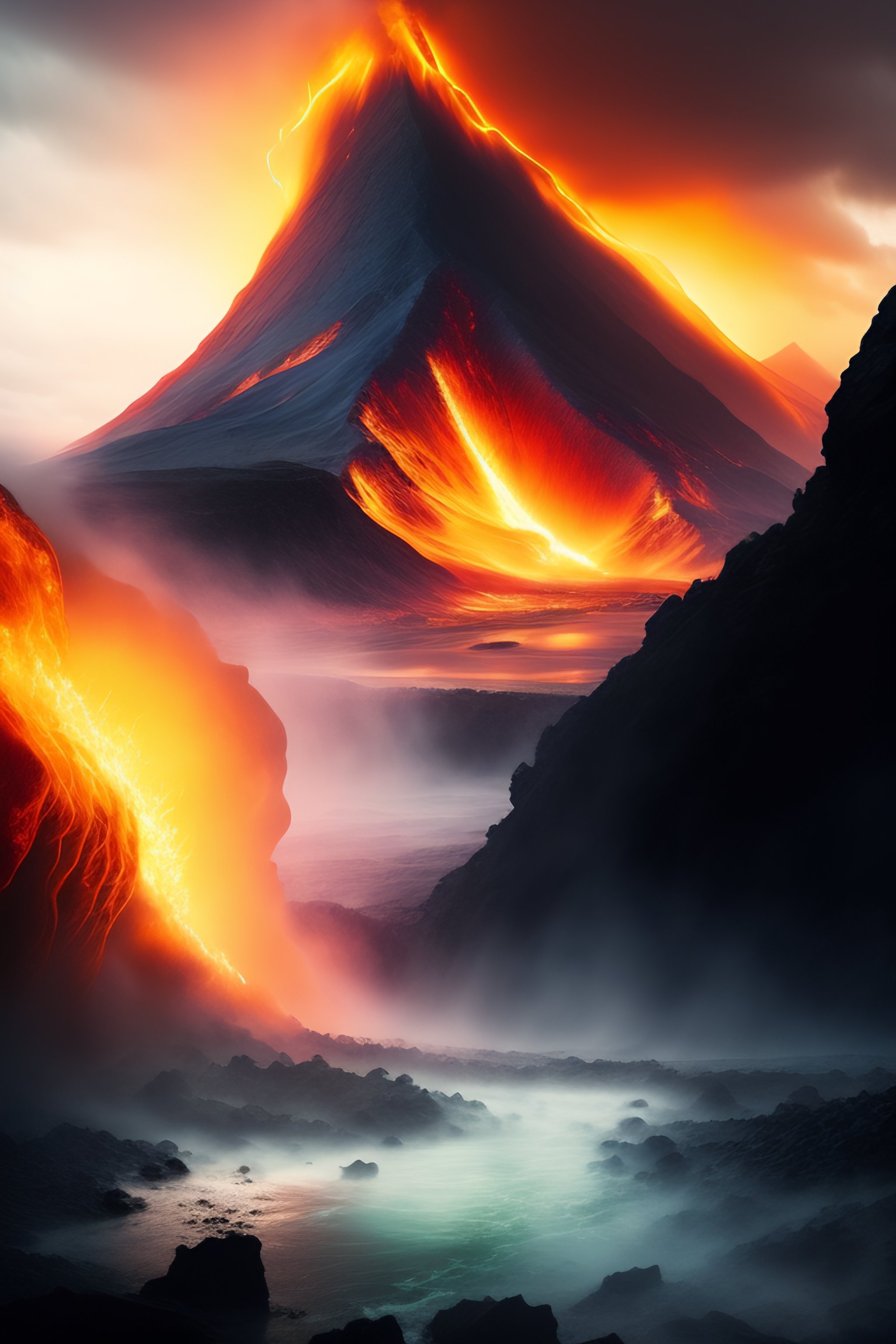 Lexica - Orc ready to cross a river of lava falling from a volcano and ...