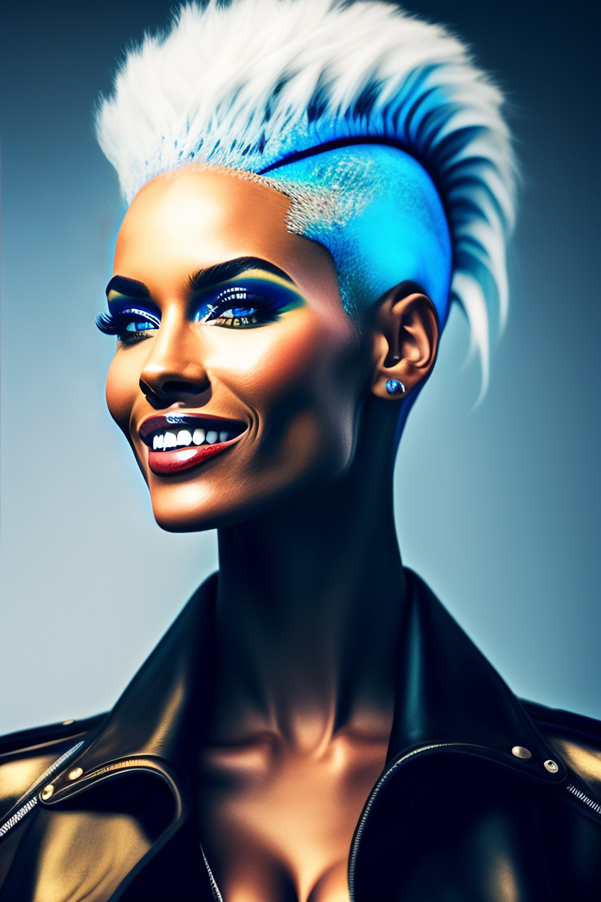 Lexica - Woman, tall, blue eyes, smiling, mohawk