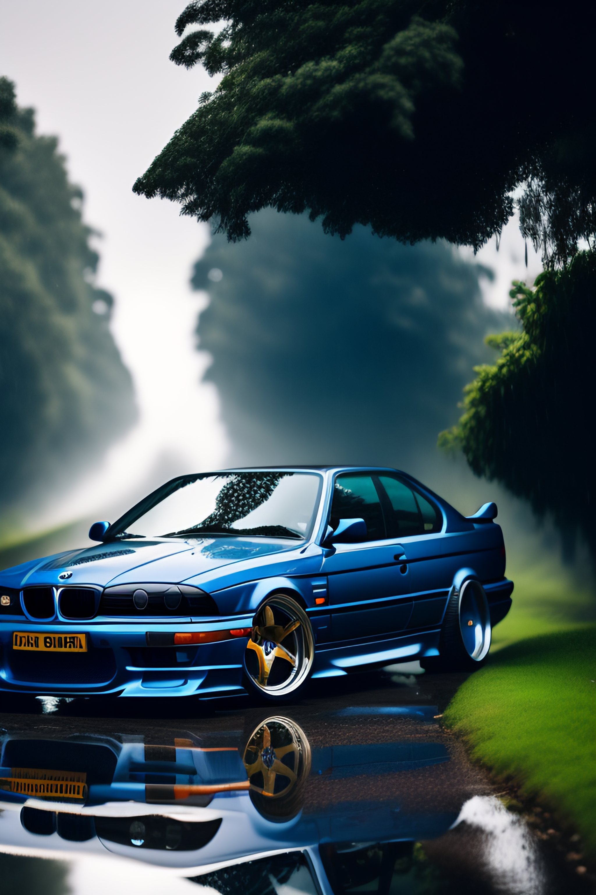 Lexica - A modified blue BMW e39 parked in a road with trees, rainy season, Epic photography ...