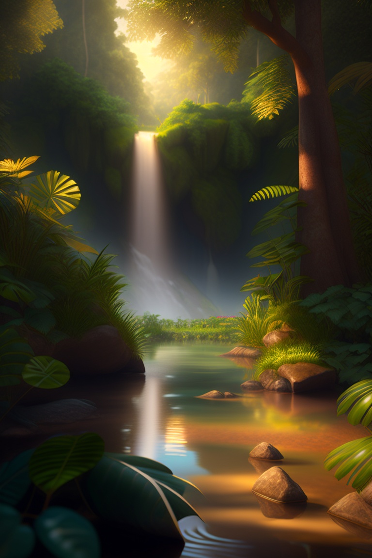 Lexica - Ground level view of a Sprawling dense jungle teeming with ...