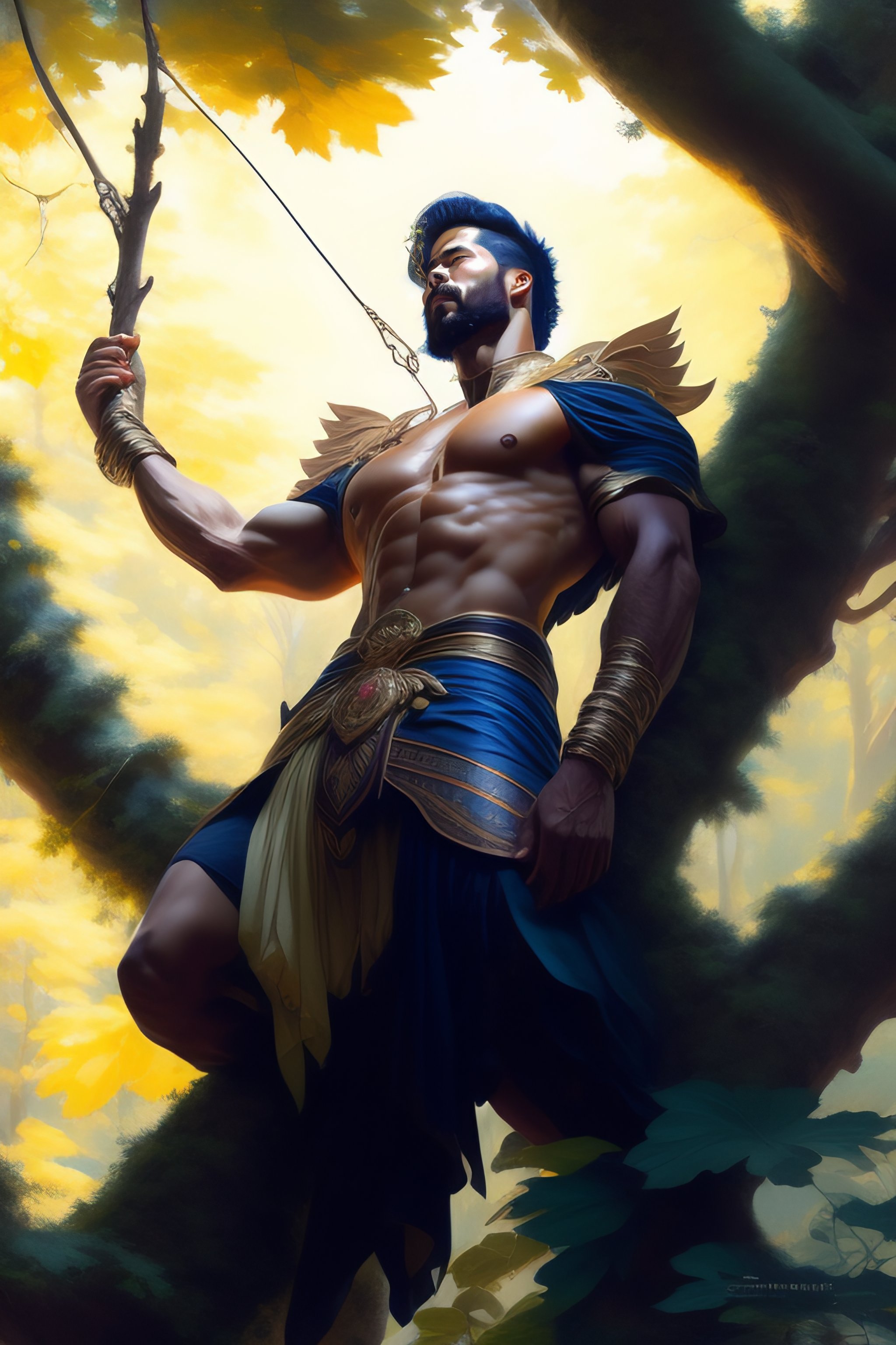 Lexica - A man hanging upside-down from a tree branch by tsuyoshi nagano, greg rutkowski ...