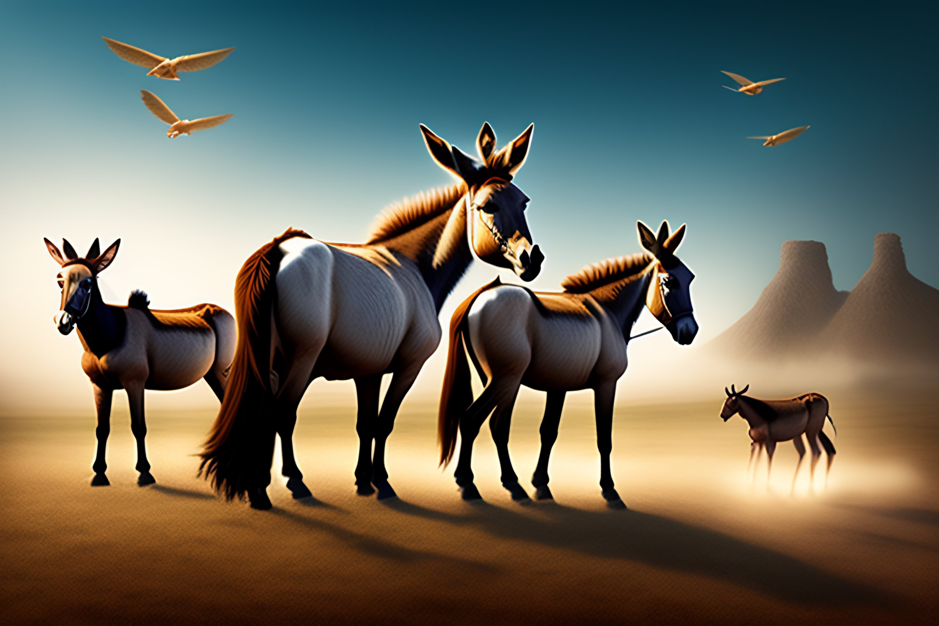 Lexica - Three donkeys flying around with other animals embarking on ...