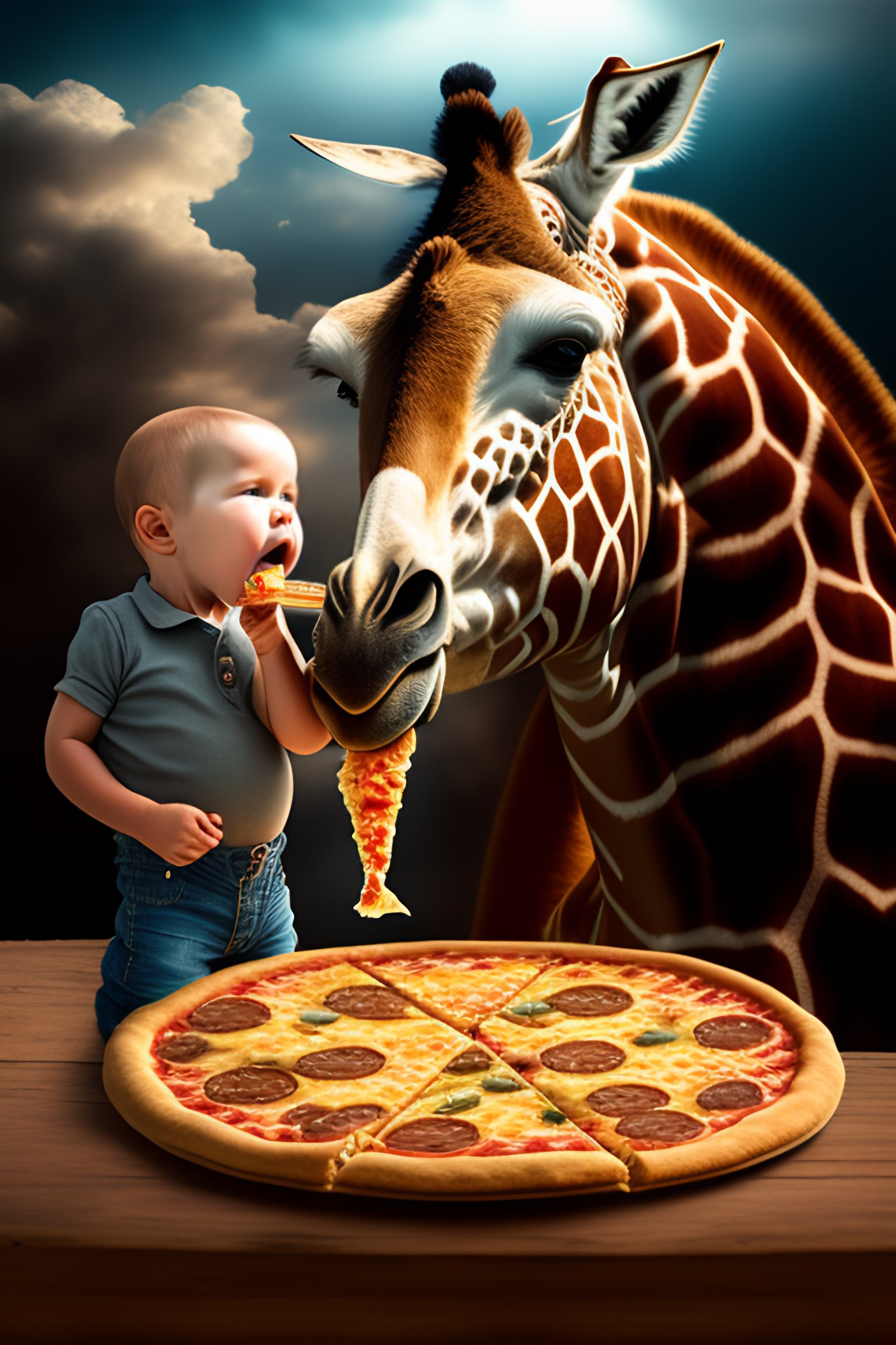 Lexica - Donkey Kong over a giraffe while both eat pizza