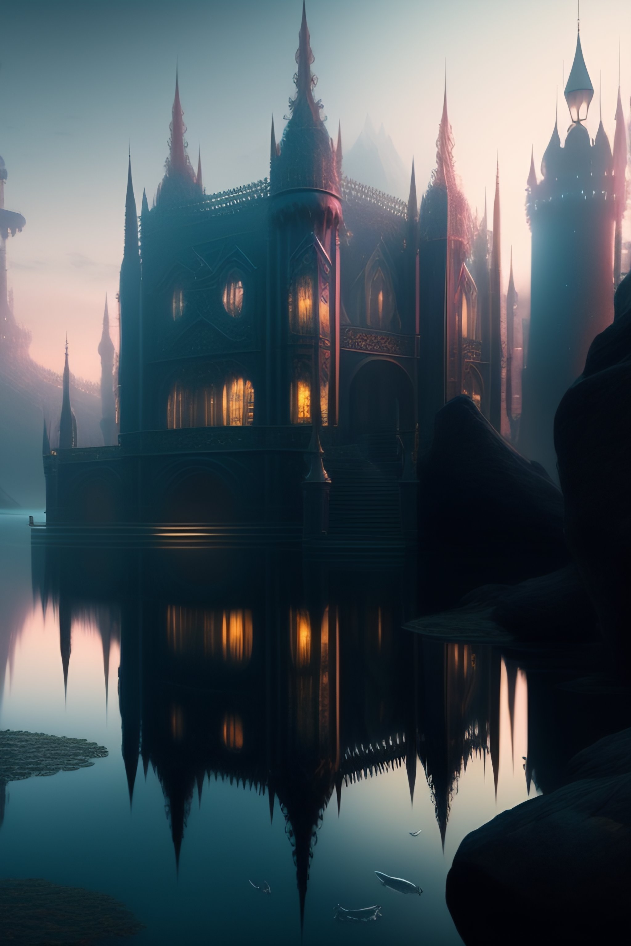 Lexica - Abstract dark fantasy transparent glass shoes in front of a ...