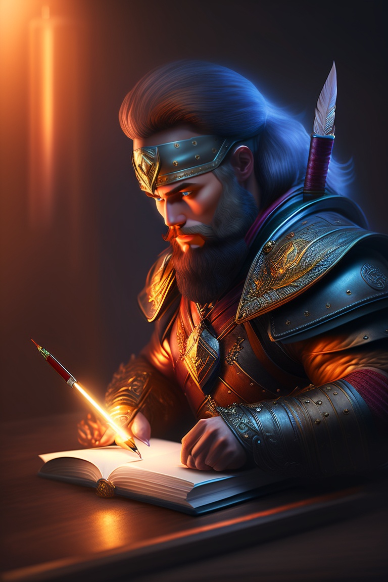 Lexica - Warrior writing in a leather notebook with a feather pen ...