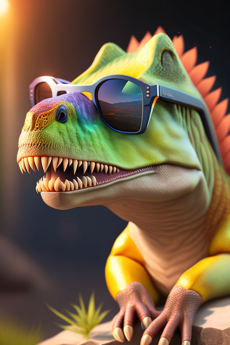 Lexica - T-rex chilling in the sun with glasses, pixaar 3d animated tyle,