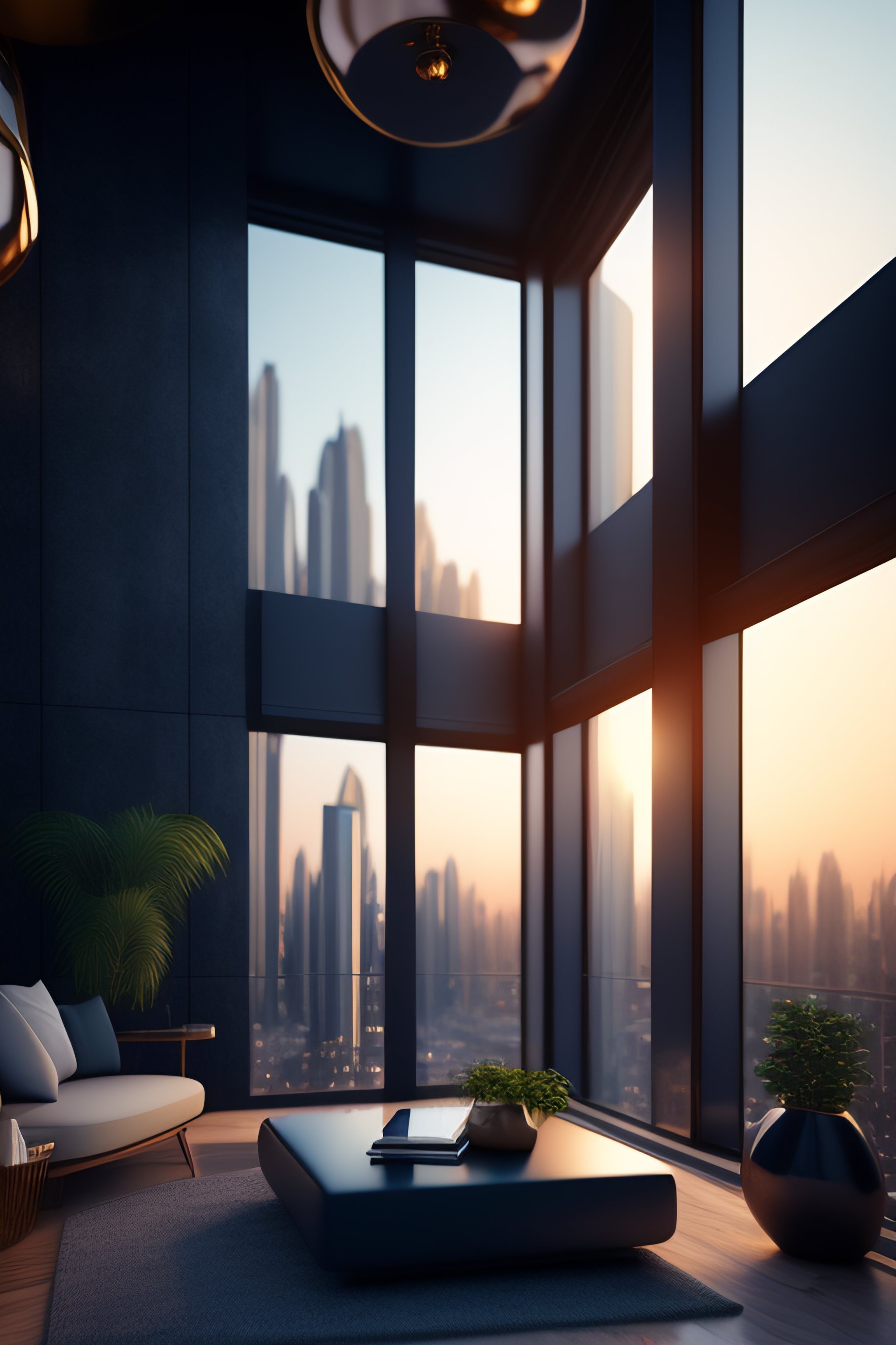 Lexica - Photo of lush luxurious loft with high windows and ...