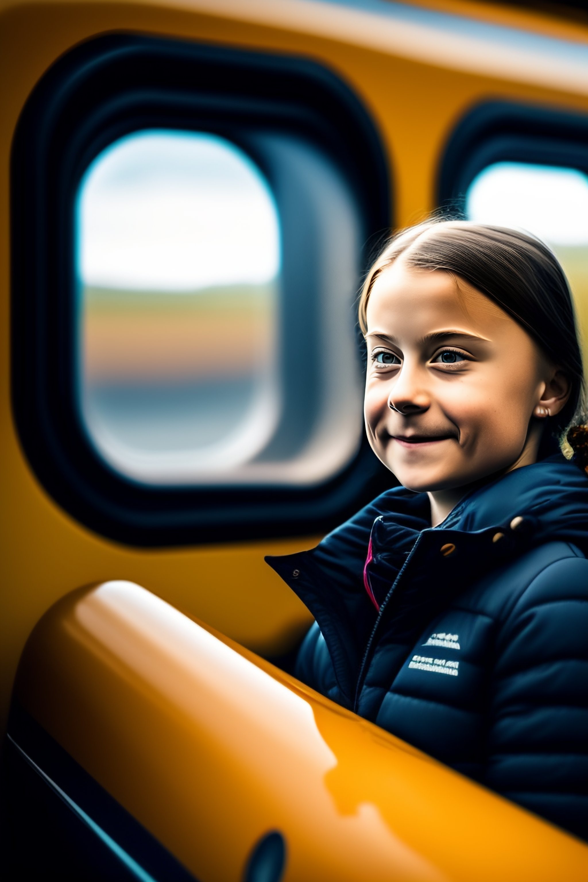 Lexica - Smiling greta thunberg driving a vapor train
