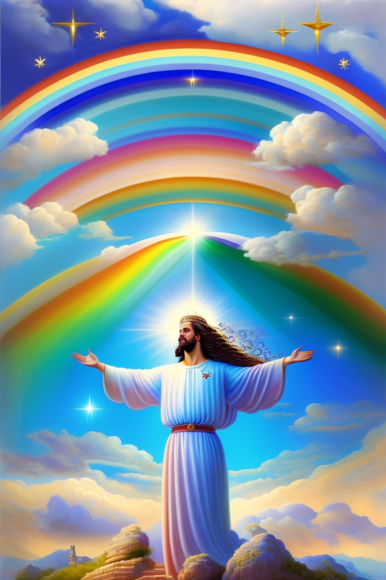 Lexica - Jesus in blue sky, with rainbows overhead, crown on head ...